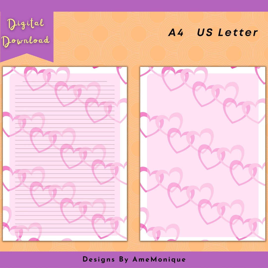 Printable Valentine’s Day Heart Stationery, Linked Hearts, A4 US Letter ...