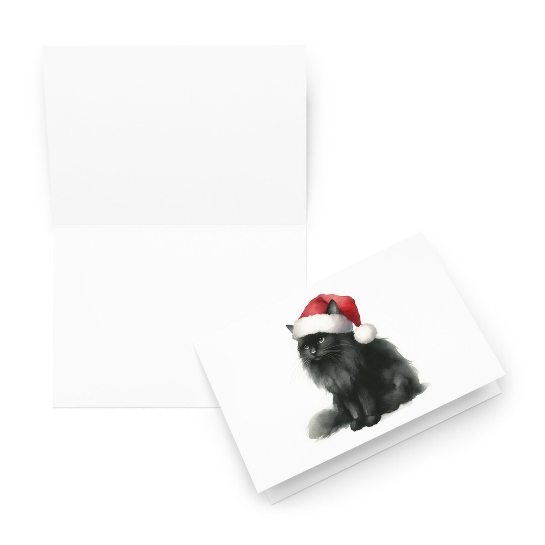 Black Cat Santa Hat Card - Festive Feline Christmas Greeting ...