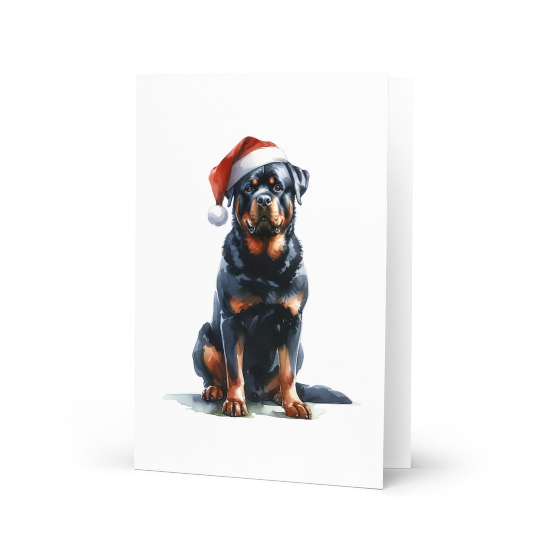 Rottweiler Santa Hat Card - Watercolor Dog Christmas Greeting - Festive ...