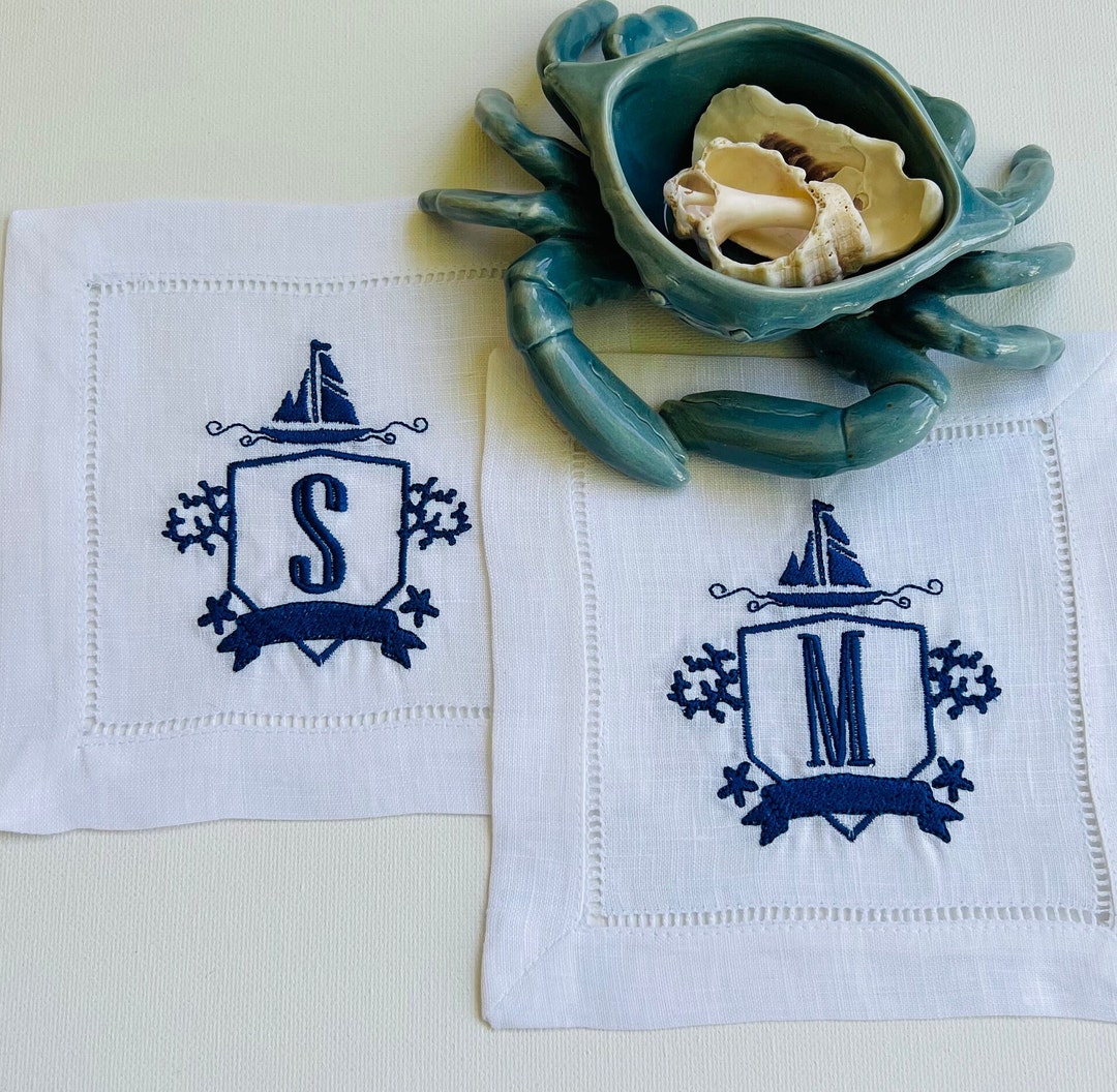 Sailboat Linen Cocktail Napkins, Sailboat Embroidered Napkins Wedding ...