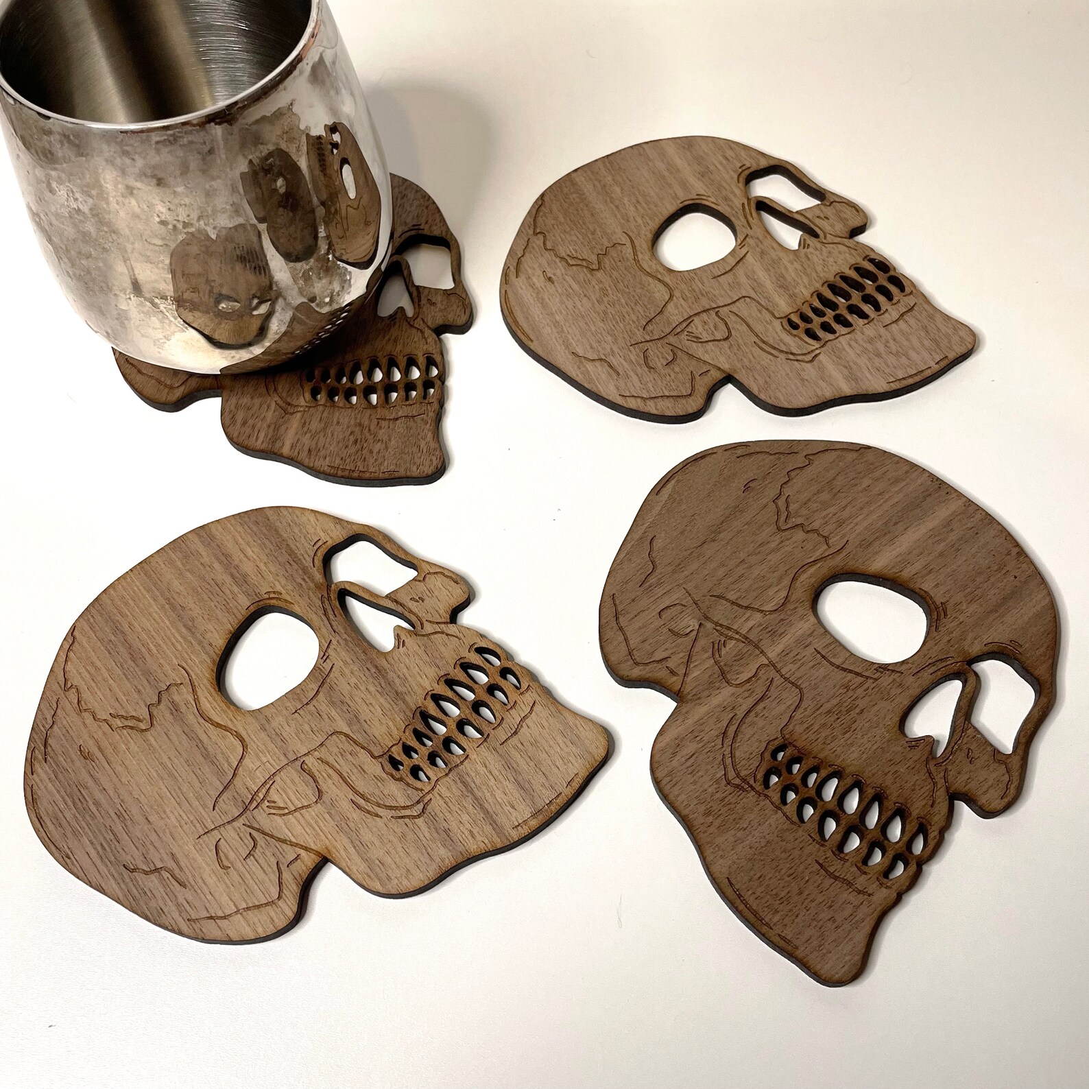 Skull Coasters - Set of 4 or 6 - Halloween Decor - Spooky Home Accessories - Wooden Table ...