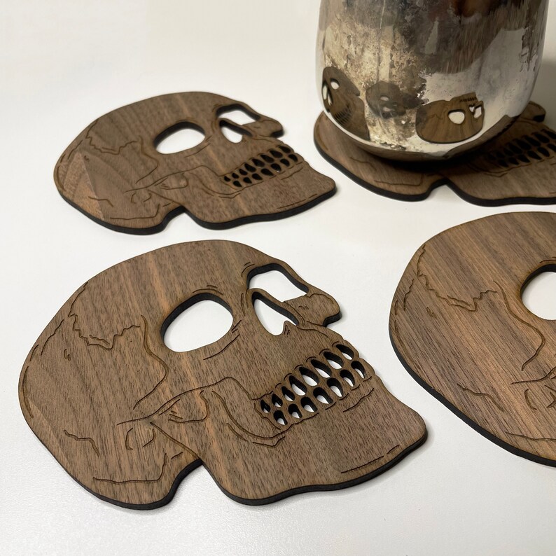 Skull Coasters - Set of 4 or 6 - Halloween Decor - Spooky Home Accessories - Wooden Table ...