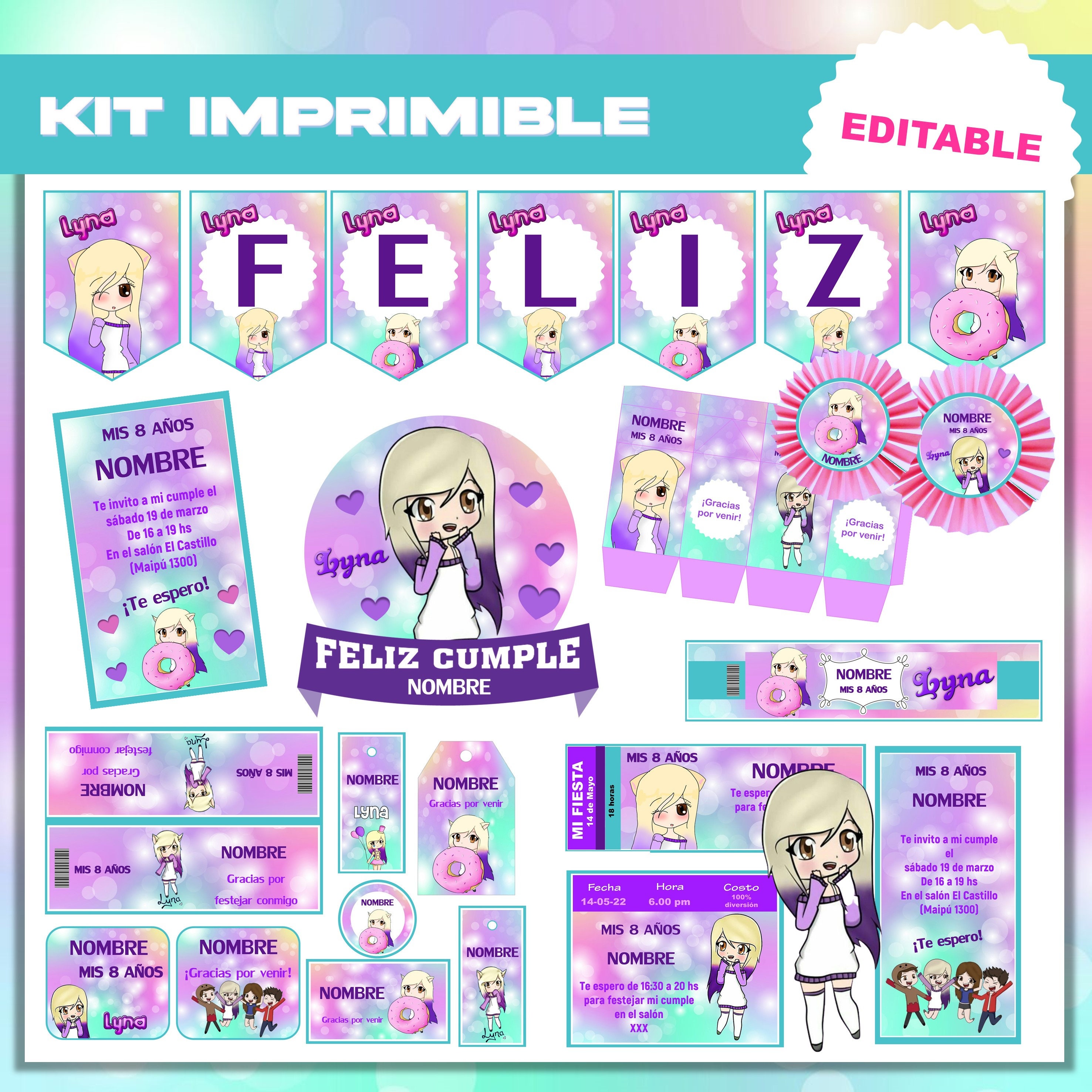 Kit Imprimible Printable Lyna Youtuber Deco y Candy Editable - Etsy España