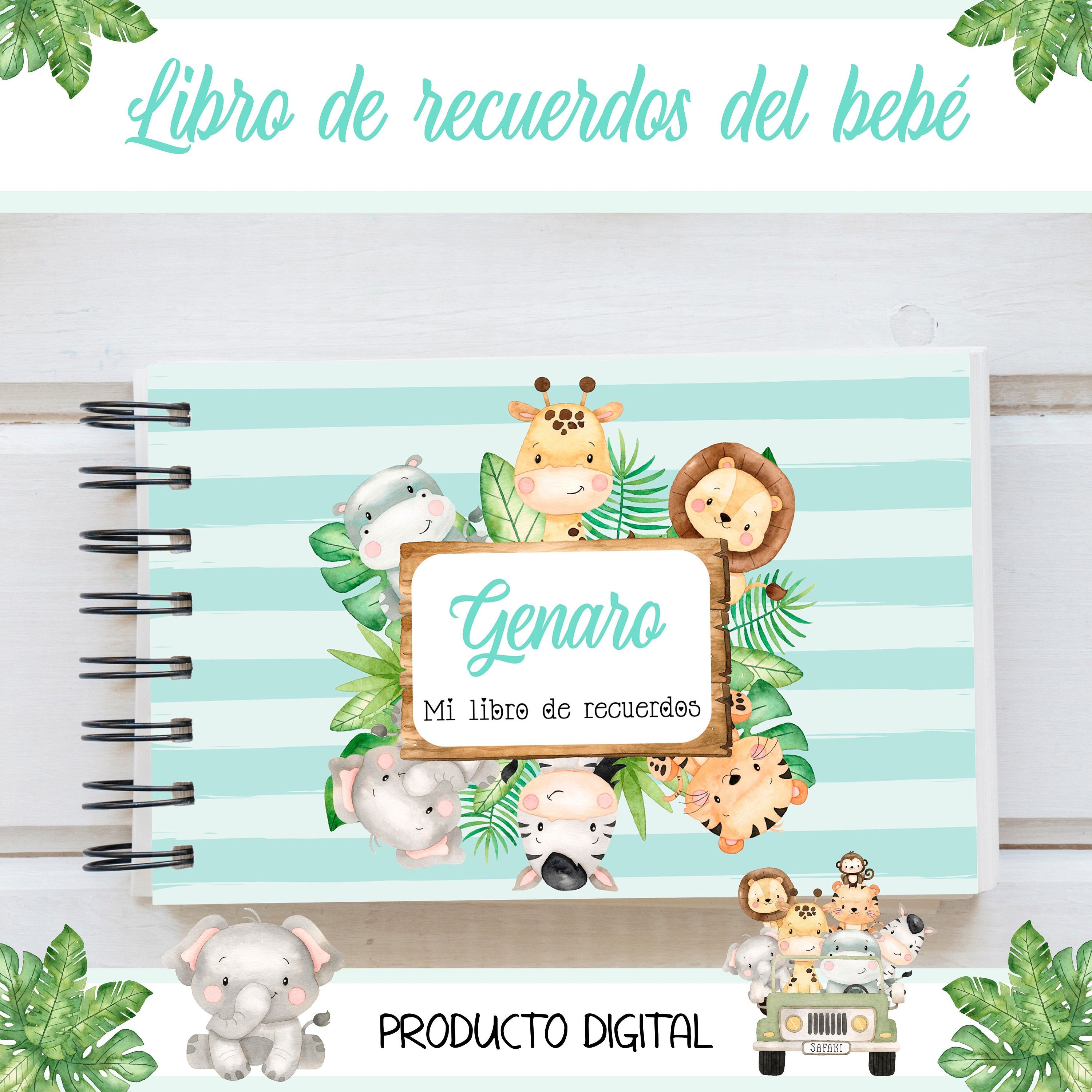 Kit Imprimible Printable Libro Recuerdos Del Bebé Safari Verde Agua ...
