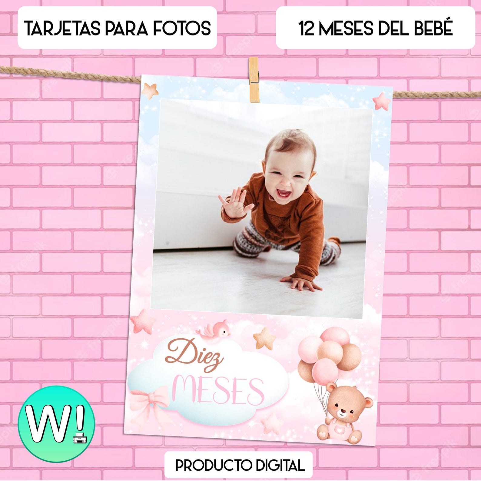 Printable Banner Printable Pink Teddy Bear Photo Cards 12 Months Baby ...