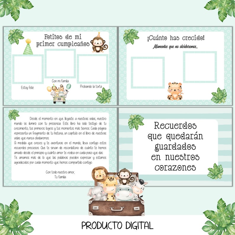 Kit Imprimible Printable Libro Recuerdos Del Bebé Safari Verde Agua ...