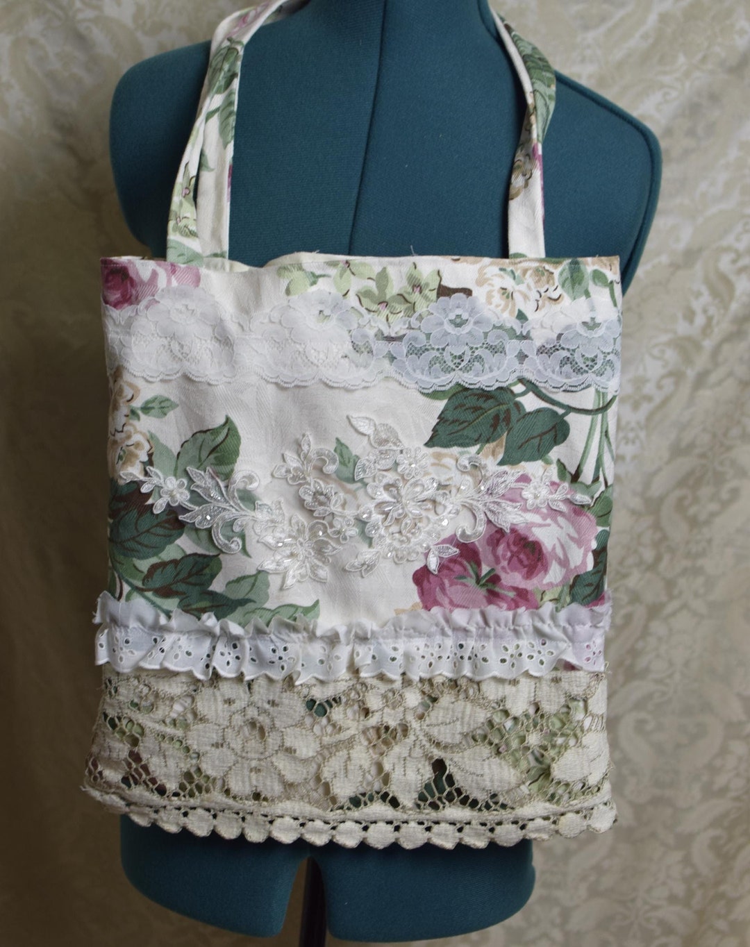 Handmade Tote Bag Lace Bag Vintage Lace Coquette Tote, Retro Style Bag ...