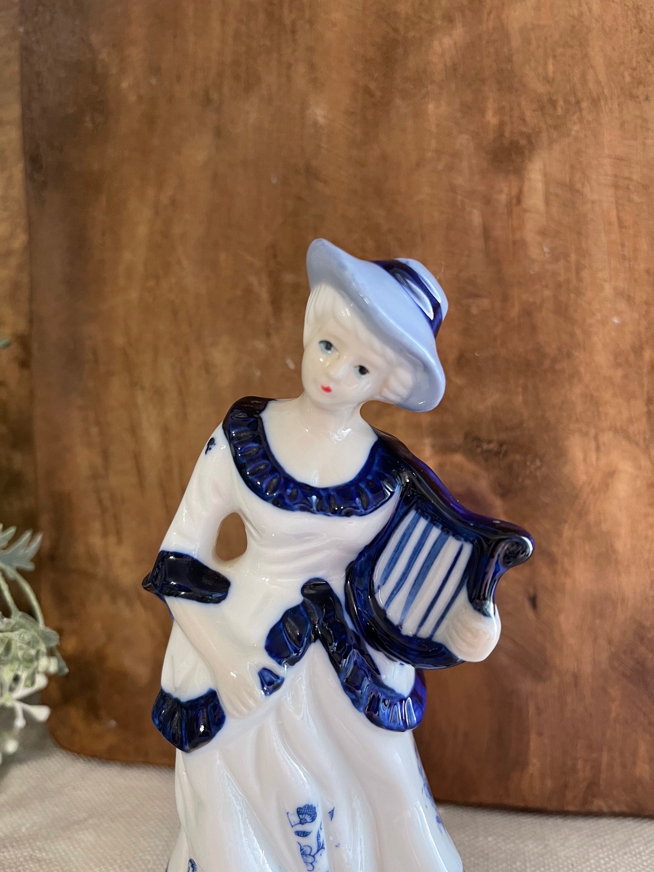Vintage Porcelain Victorian Lady With Harp Blue and White Delft ...