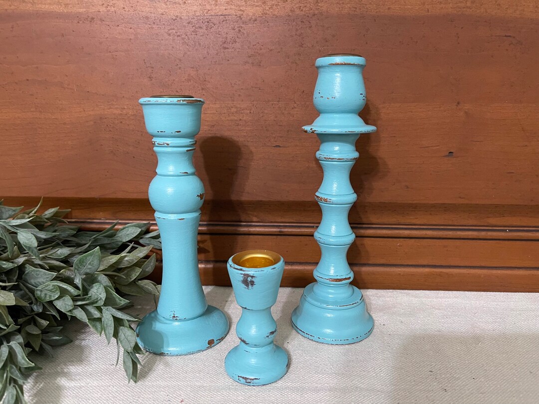 Upcycled Vintage Blue Distressed Wood Candlestick Holders Set of 3 ...