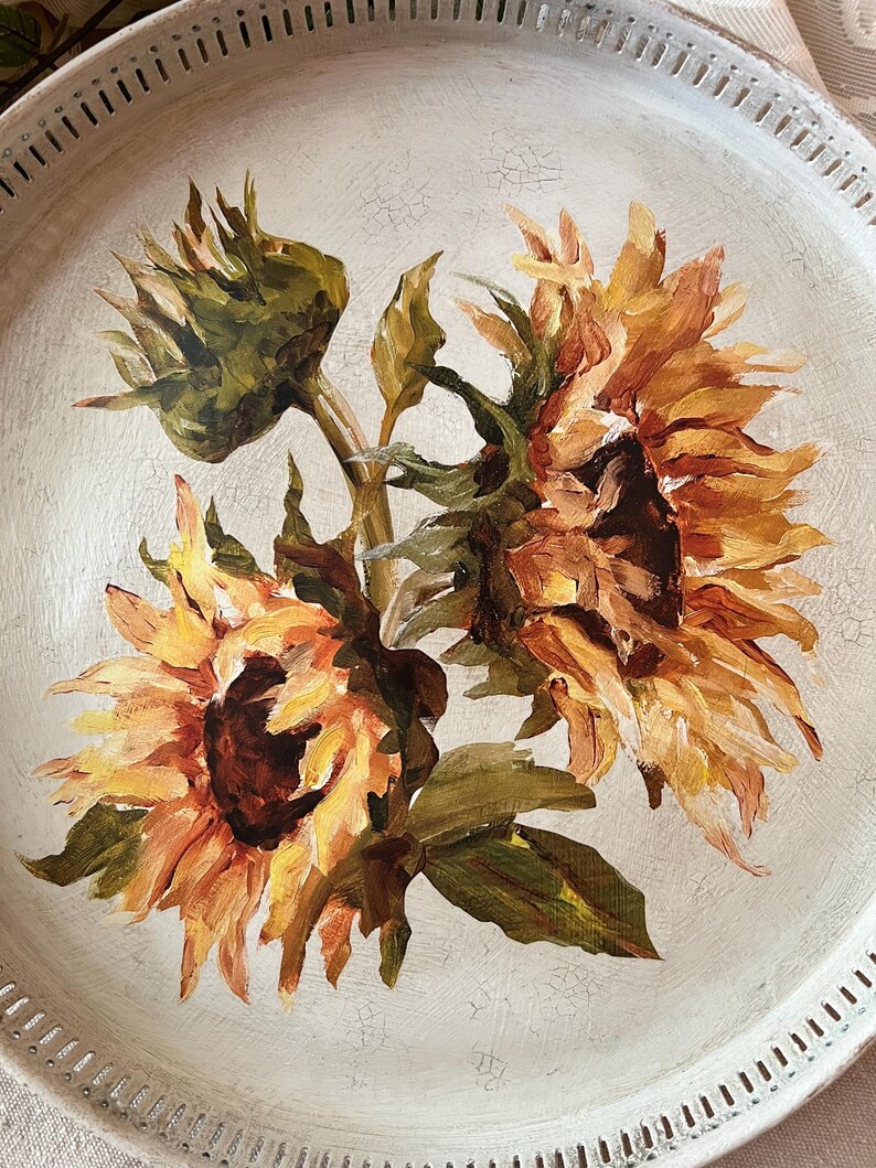 Vintage Upcycled Brass Tray Sunflower Transfer Floral Handles Antiqued ...