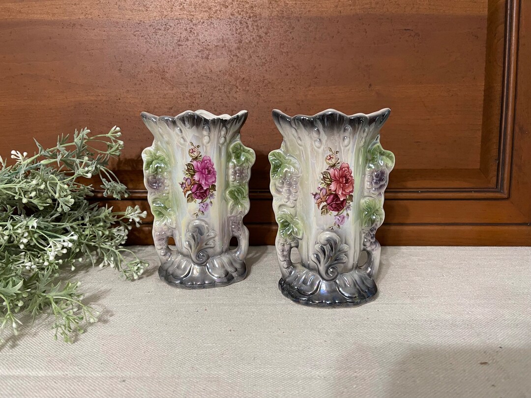 Vintage Lusterware Floral Vases Set of 2 // Farmhouse / French Country ...