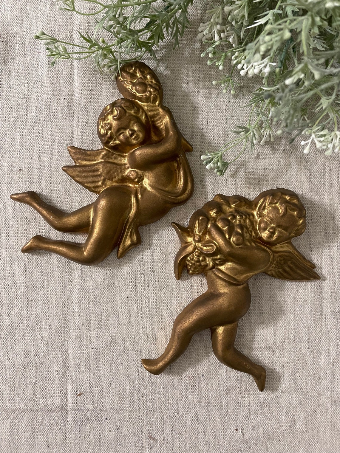 Vintage Gold Angels/cherubs Chalk-like Ceramic Wall Decor / Mid Century ...