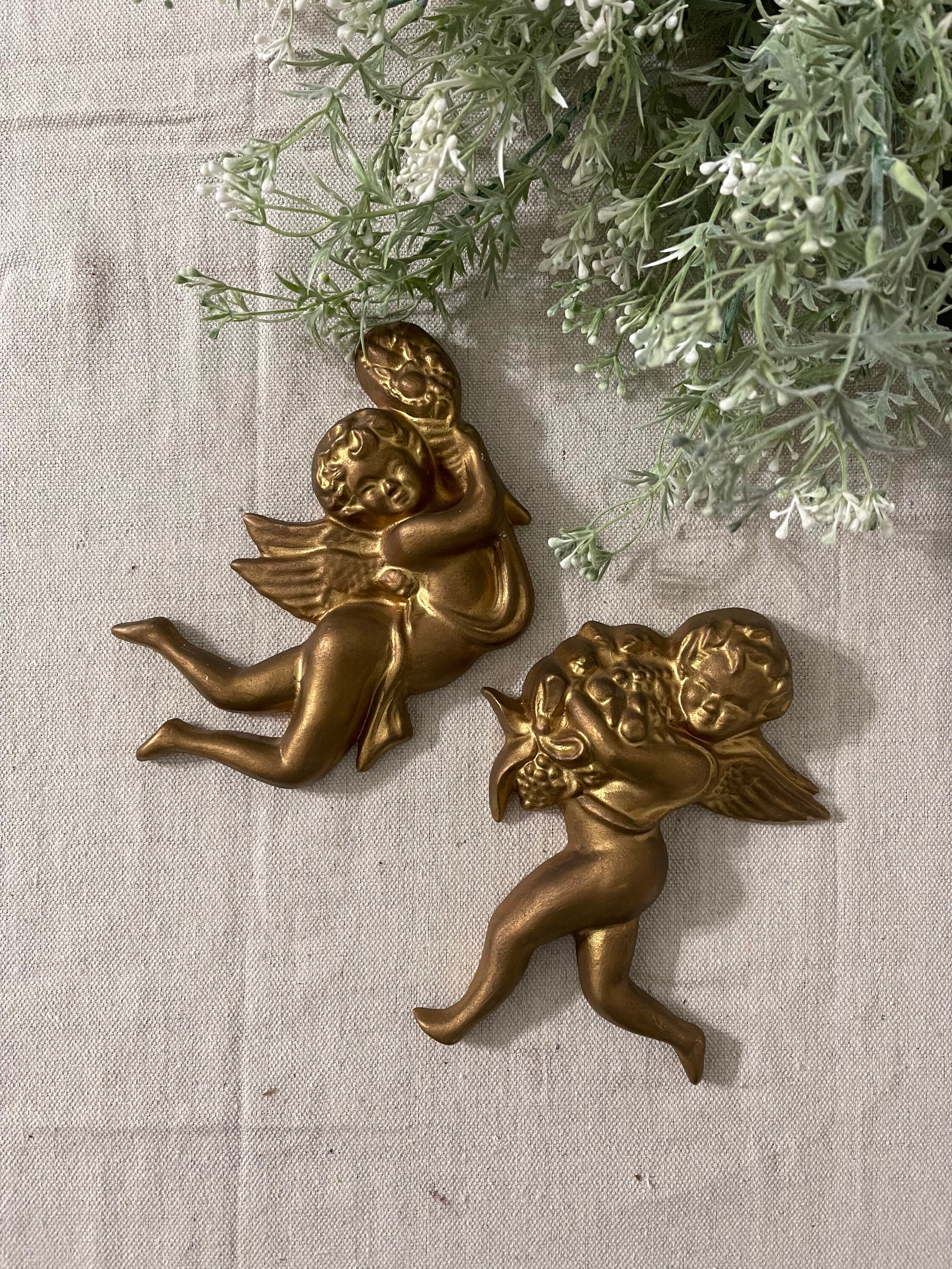 Vintage Gold Angels/cherubs Chalk-like Ceramic Wall Decor / Mid Century ...
