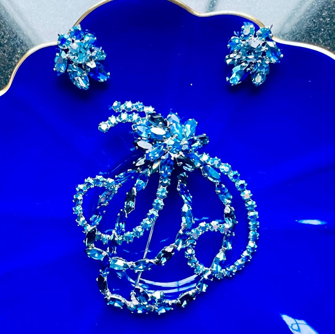 Vintage Sherman Swarovski Crystal Brooch & Earring Set: 1950s Blue ...