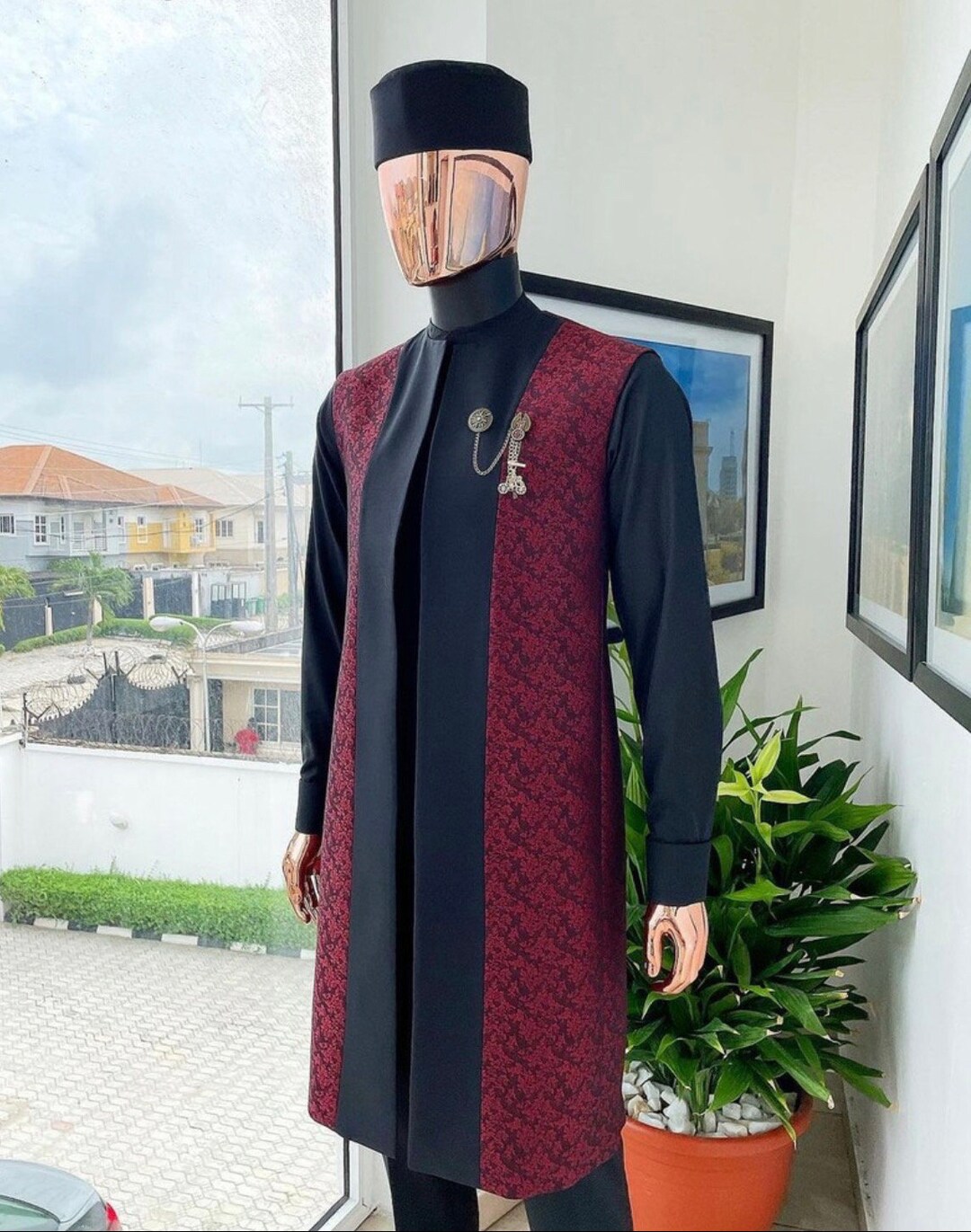 Charcoal Black Long Sleeve Kaftan, Dispersed Burgundy & Black Splash ...