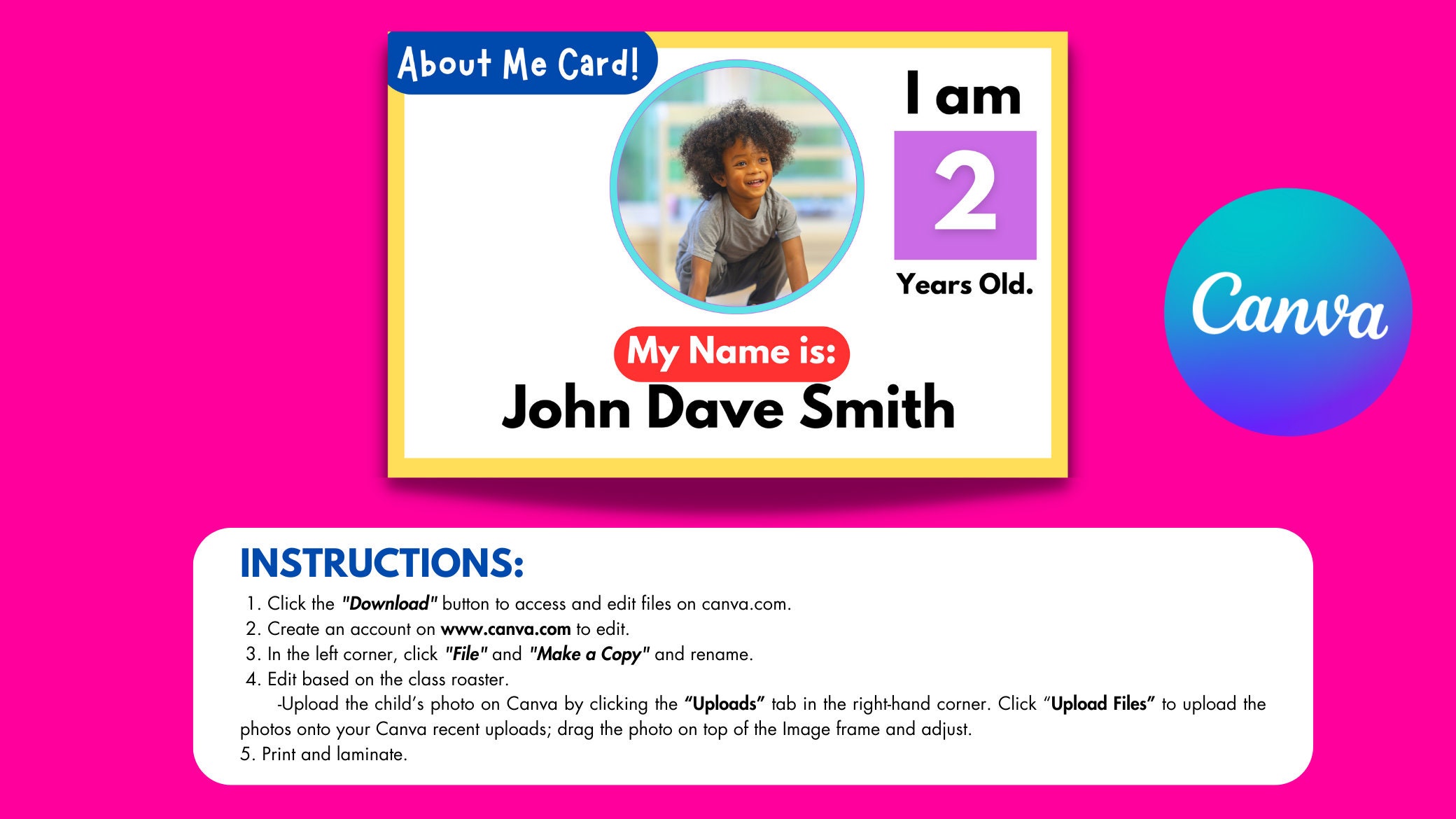 About Me Card Template (editable) Canva Life Skills for Preschoolers - Etsy