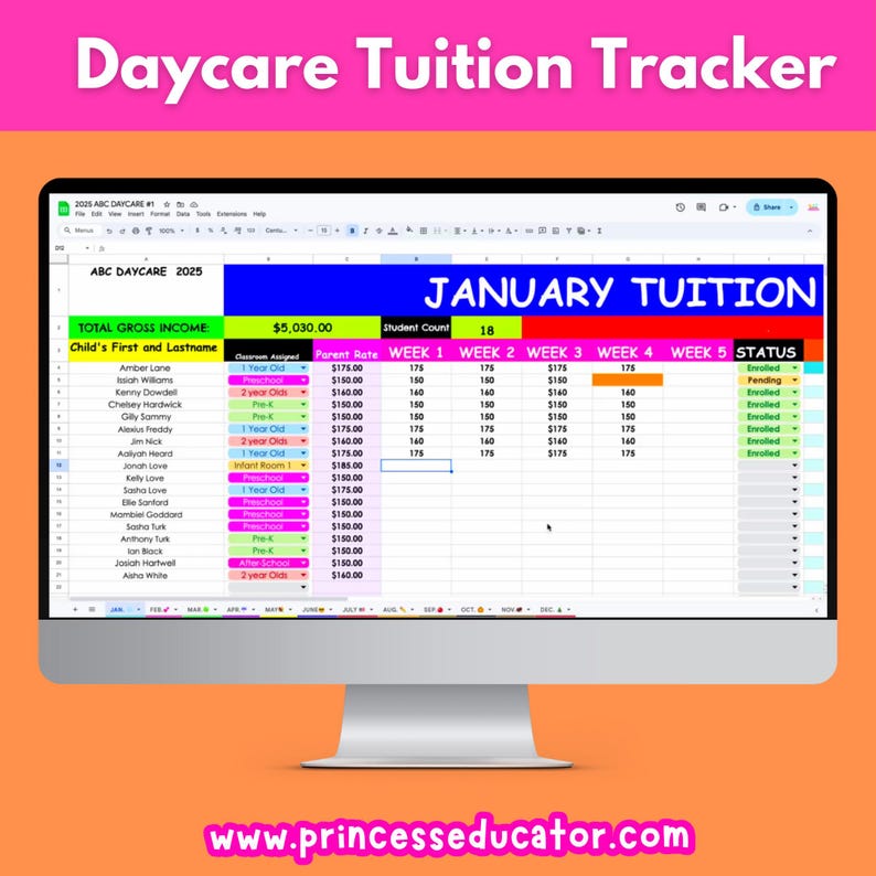 Daycare Tuition Payment Tracker Google Spreadsheet Childcare Management ...