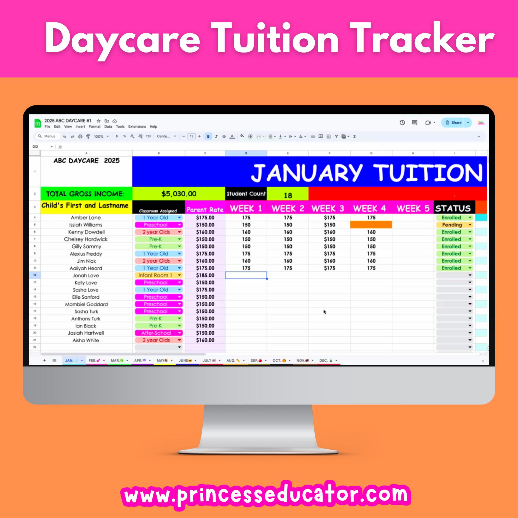 Daycare Tuition Payment Tracker Google Spreadsheet Childcare Management System - Etsy