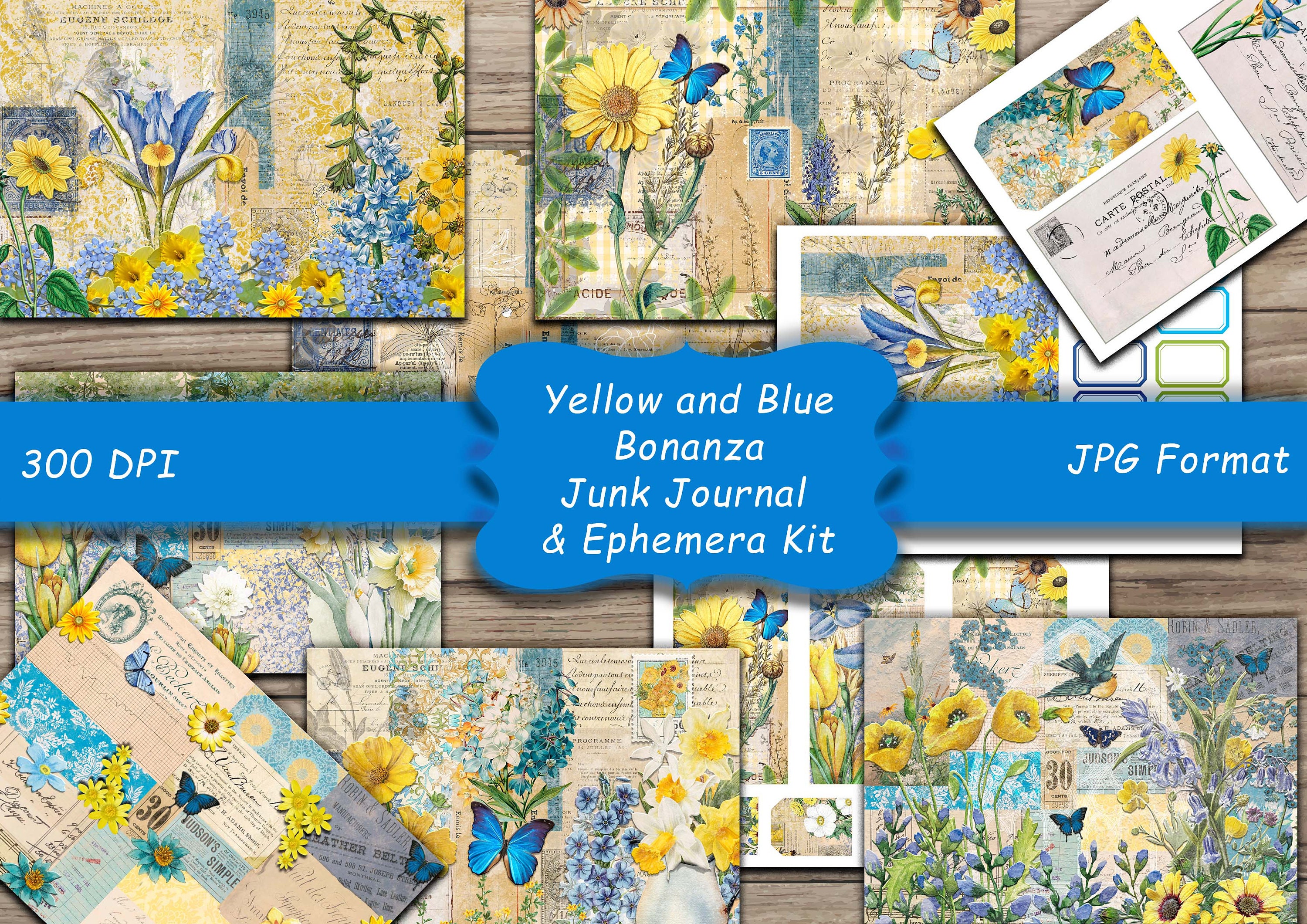 Yellow and Blue Bonanza Junk Journal and Ephemera Kit, Collage, Vintage ...