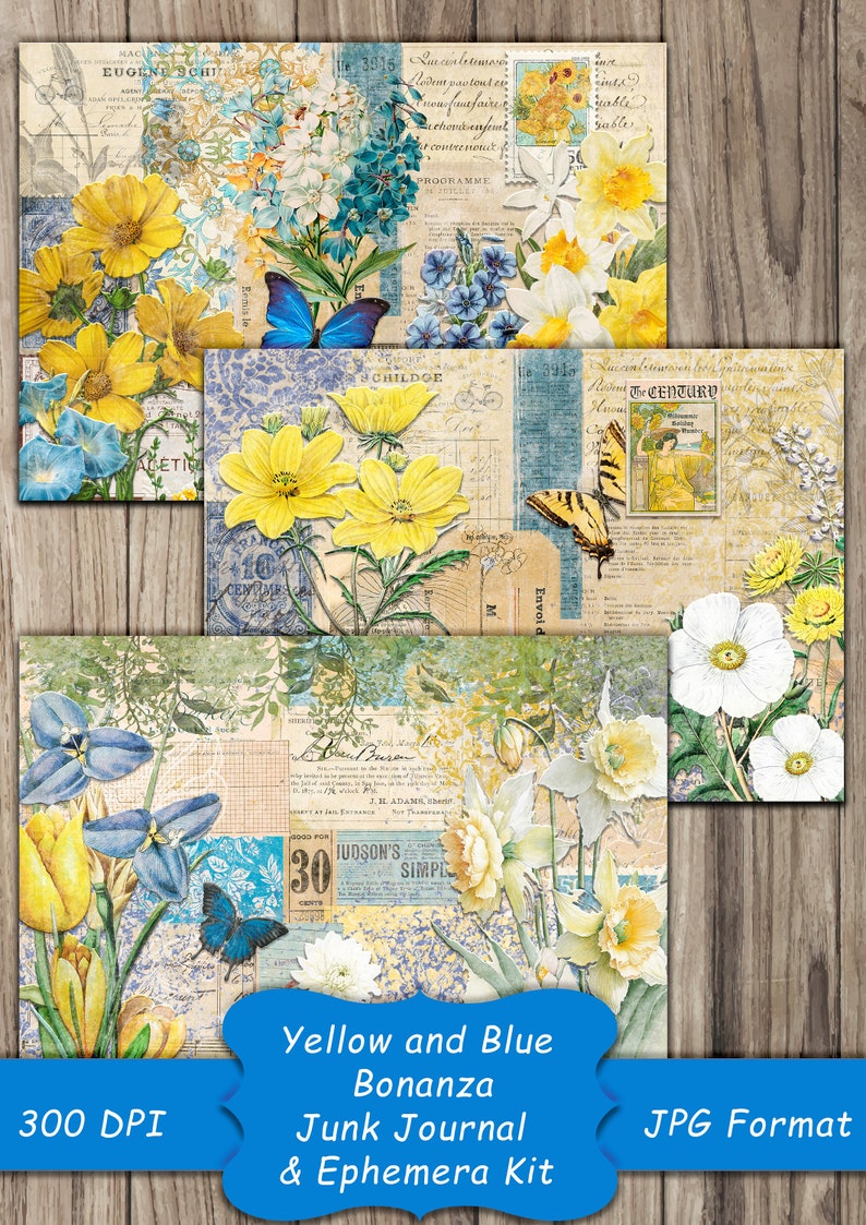 Yellow and Blue Bonanza Junk Journal and Ephemera Kit, Collage, Vintage ...