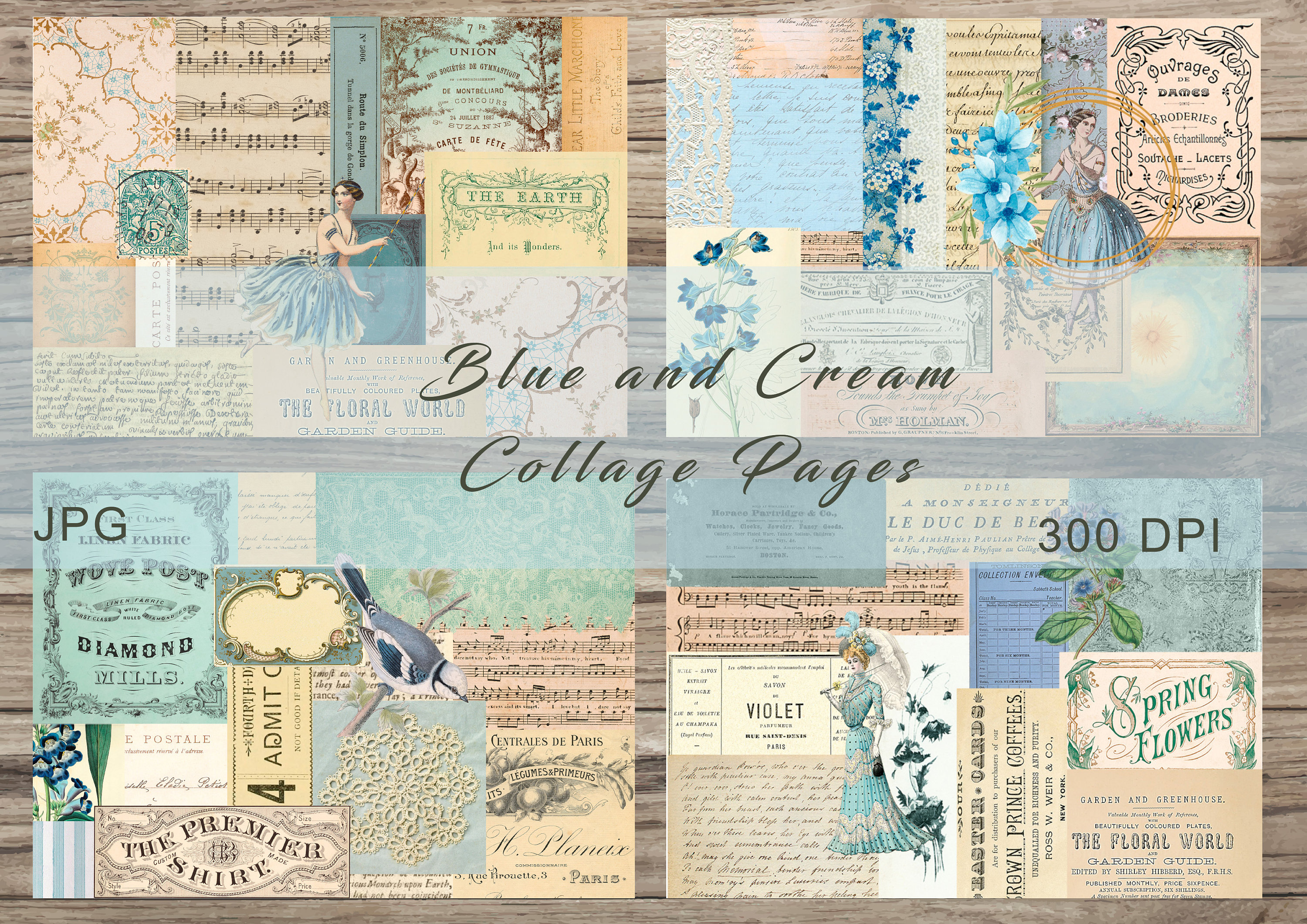 Blue and Cream Collage Pages, Vintage, Shabby Chic, Journal Pages ...
