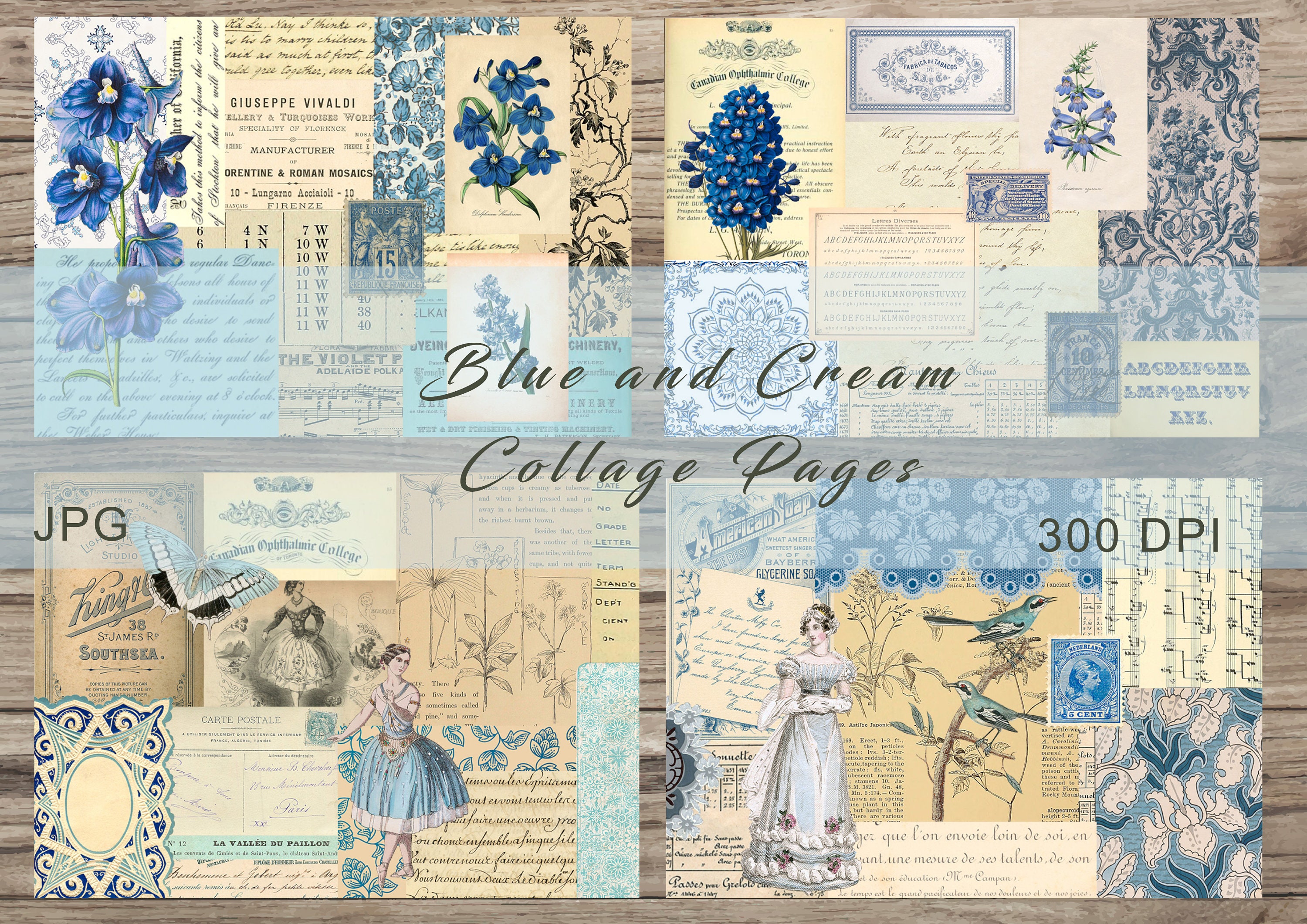 Blue and Cream Collage Pages, Vintage, Shabby Chic, Journal Pages ...