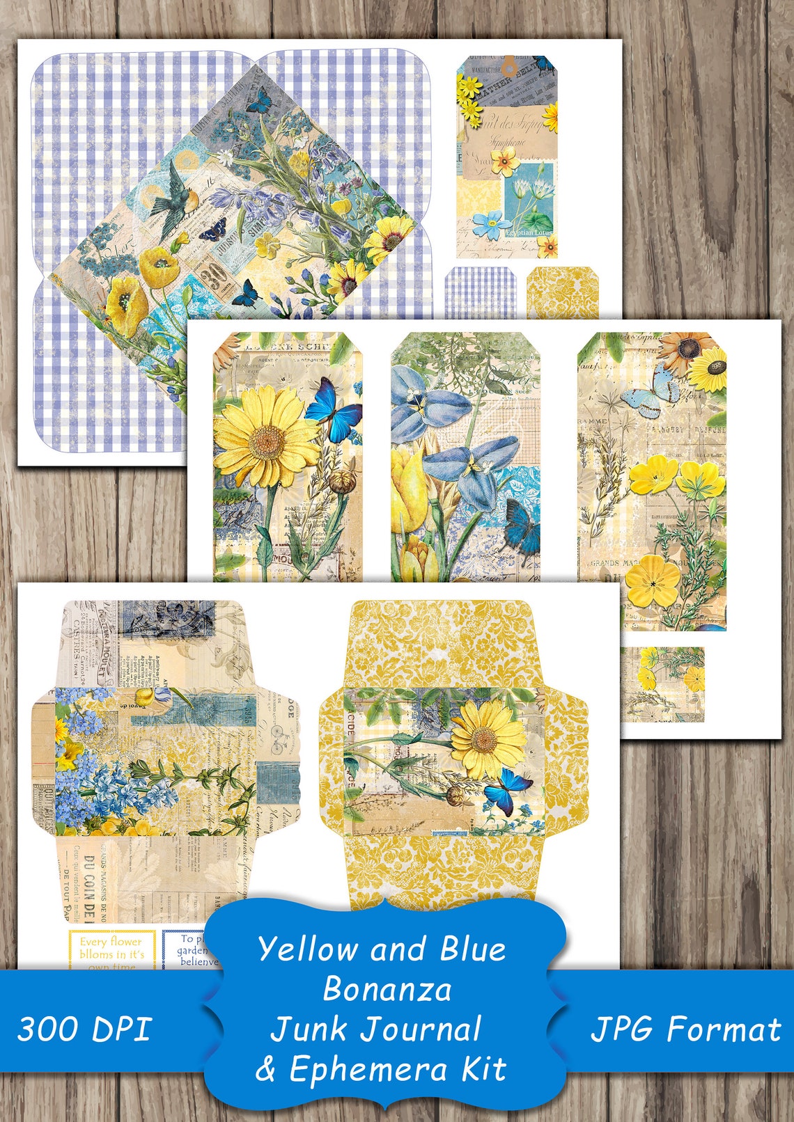 Yellow and Blue Bonanza Junk Journal and Ephemera Kit, Collage, Vintage Printable Paper, Journal ...