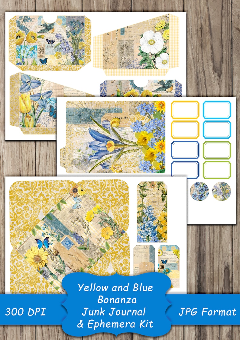 Yellow and Blue Bonanza Junk Journal and Ephemera Kit, Collage, Vintage ...