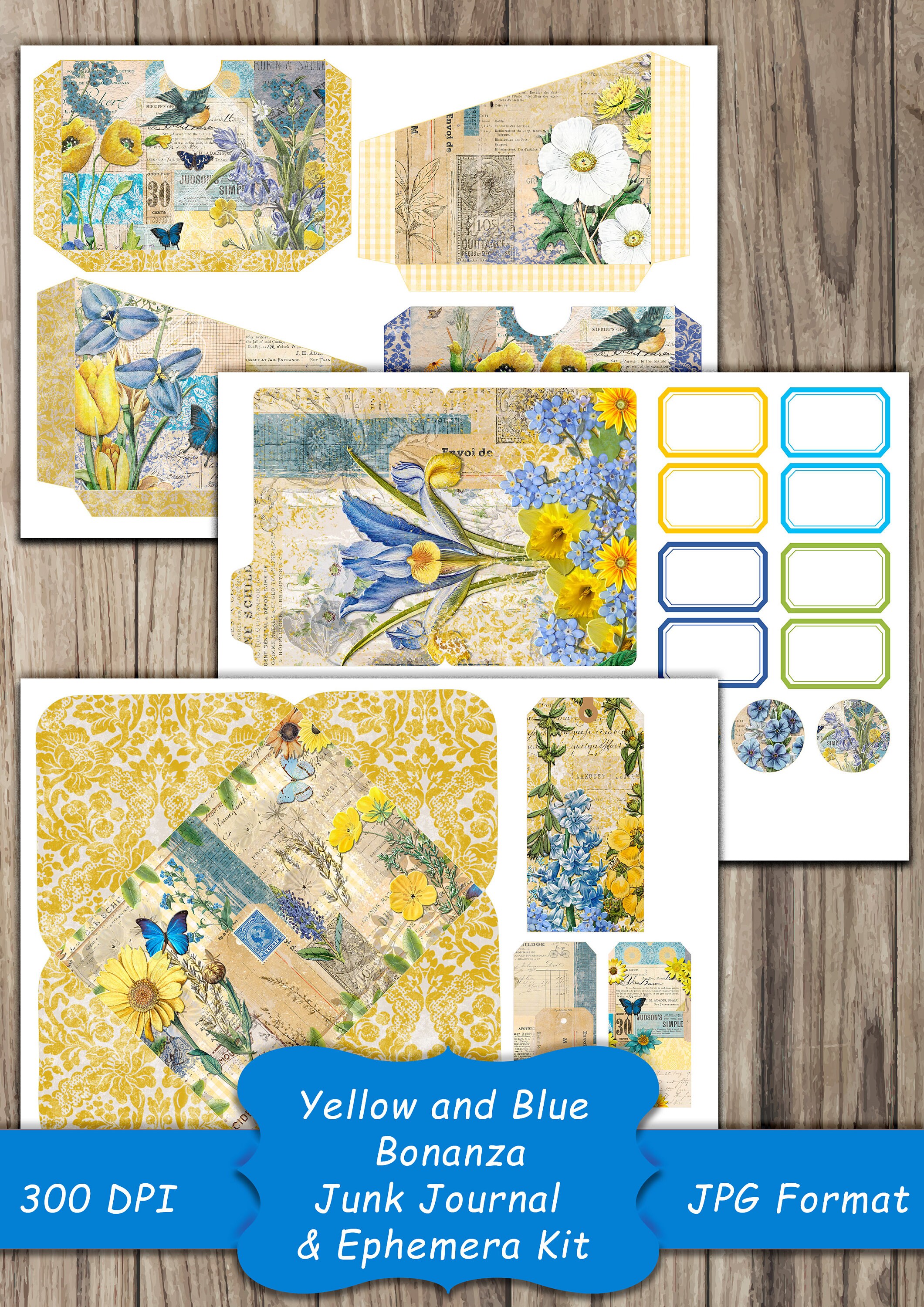 Yellow and Blue Bonanza Junk Journal and Ephemera Kit, Collage, Vintage Printable Paper, Journal ...