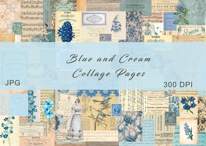 Blue and Cream Collage Pages, Vintage, Shabby Chic, Journal Pages ...
