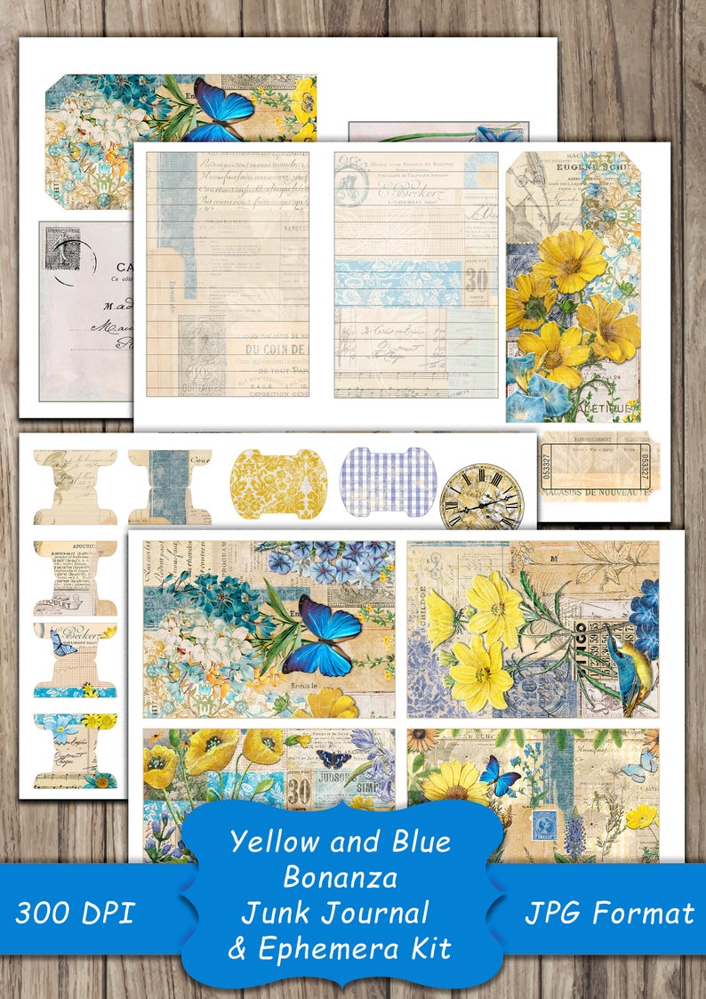 Yellow and Blue Bonanza Junk Journal and Ephemera Kit, Collage, Vintage ...