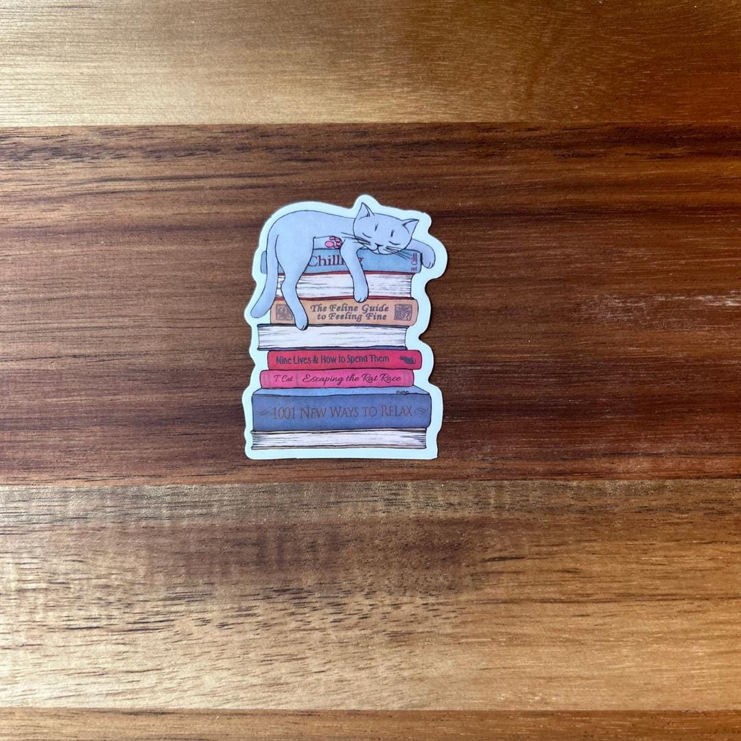 Sleepy Cat on a Stack of Books Sticker - Etsy