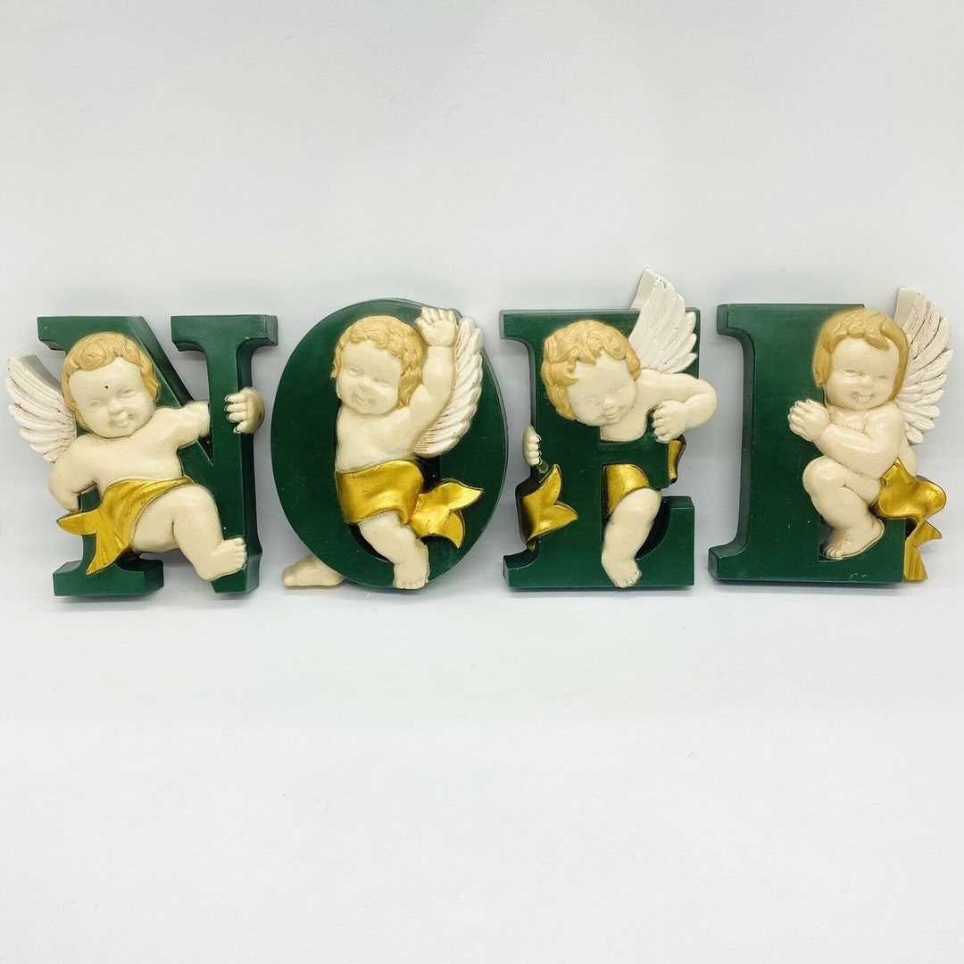 Vintage Noel Letter Plaques Cherubs, Burwood Products, Green White Gold ...