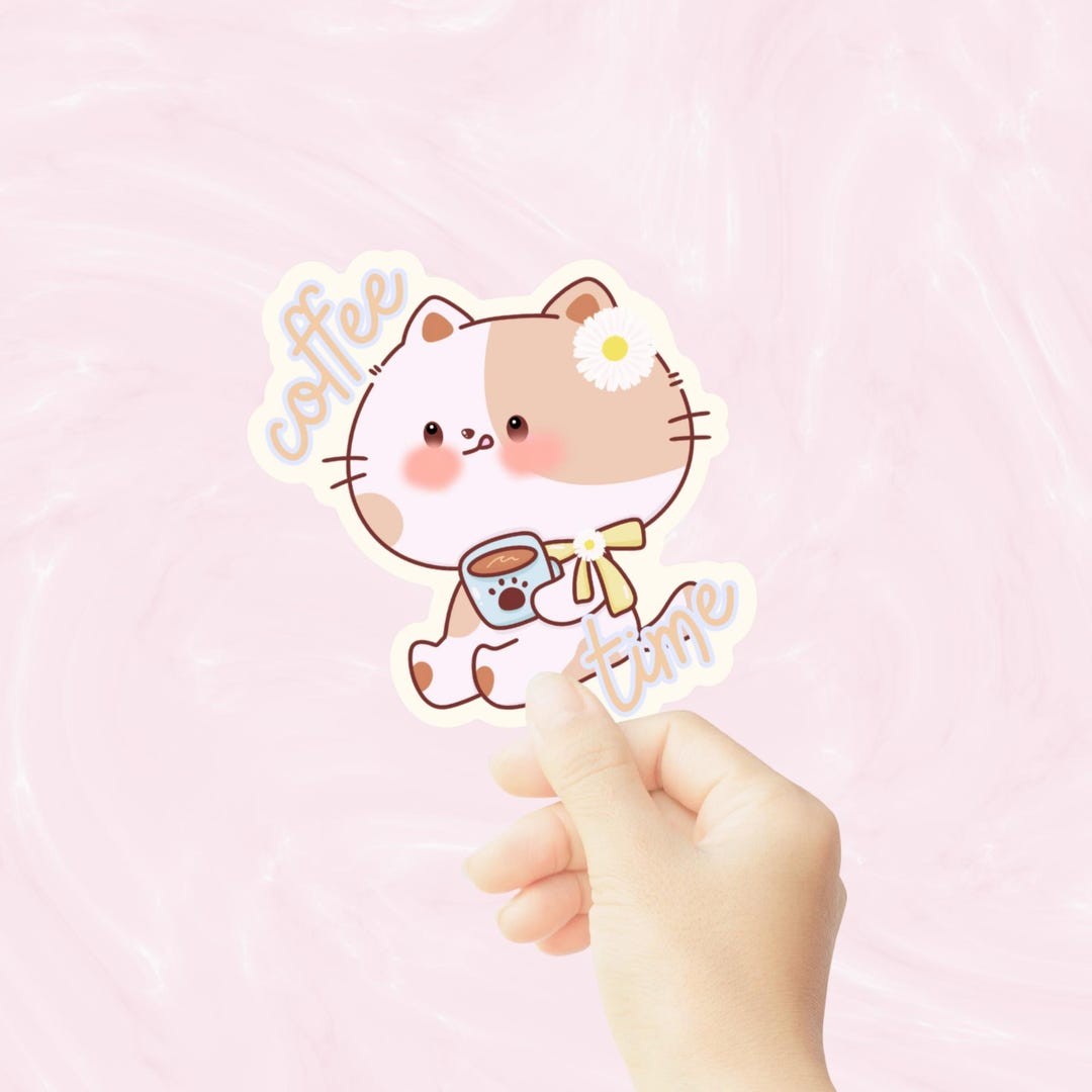 Kawaii Coffee Time Sticker, Waterproof Vinyl Sticker, Cute Cat Die Cut ...