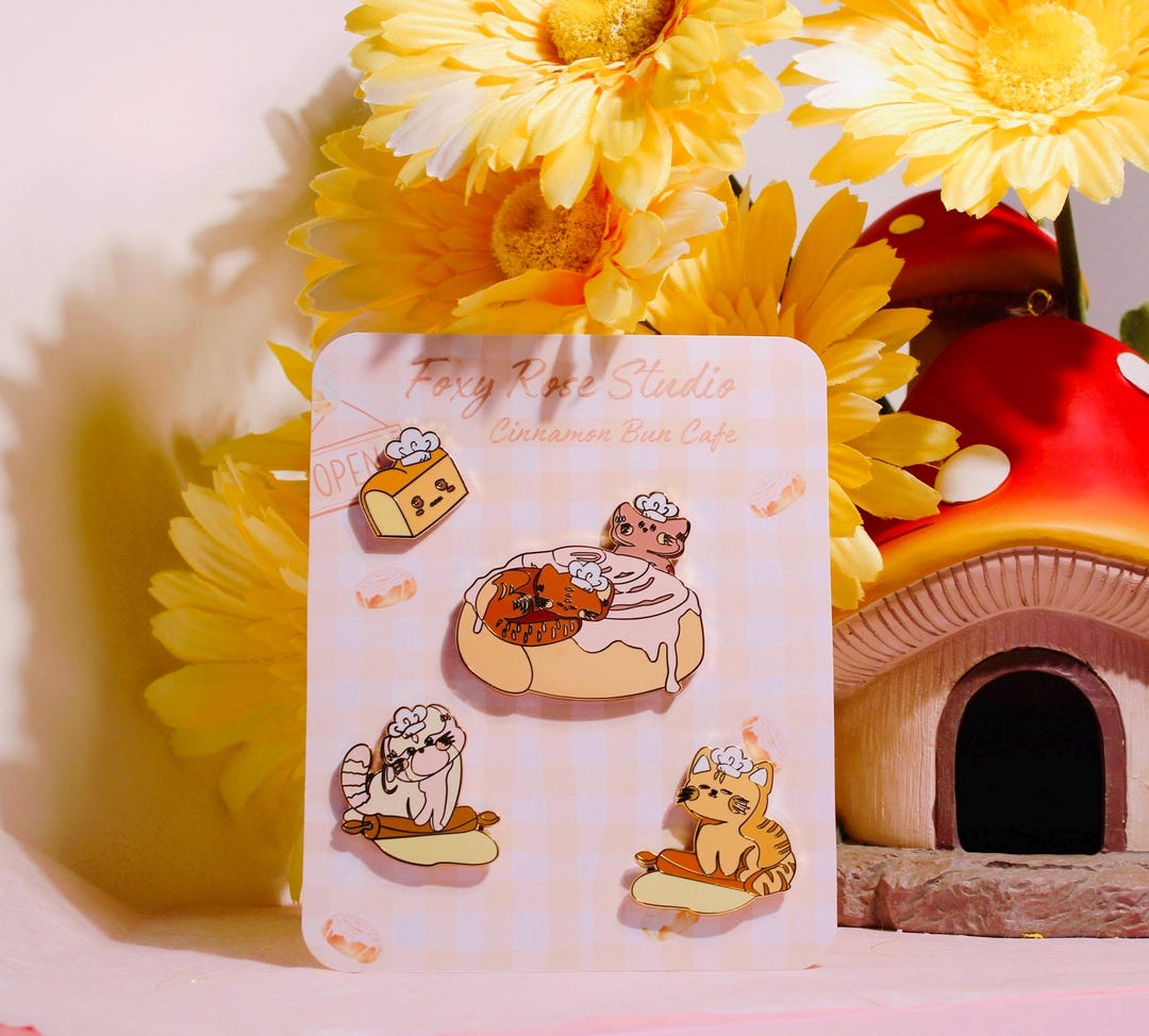 Cinnamon Bun Cafe Enamel Pin Set, Cute Cats Pin, Kawaii Pins, Cute ...