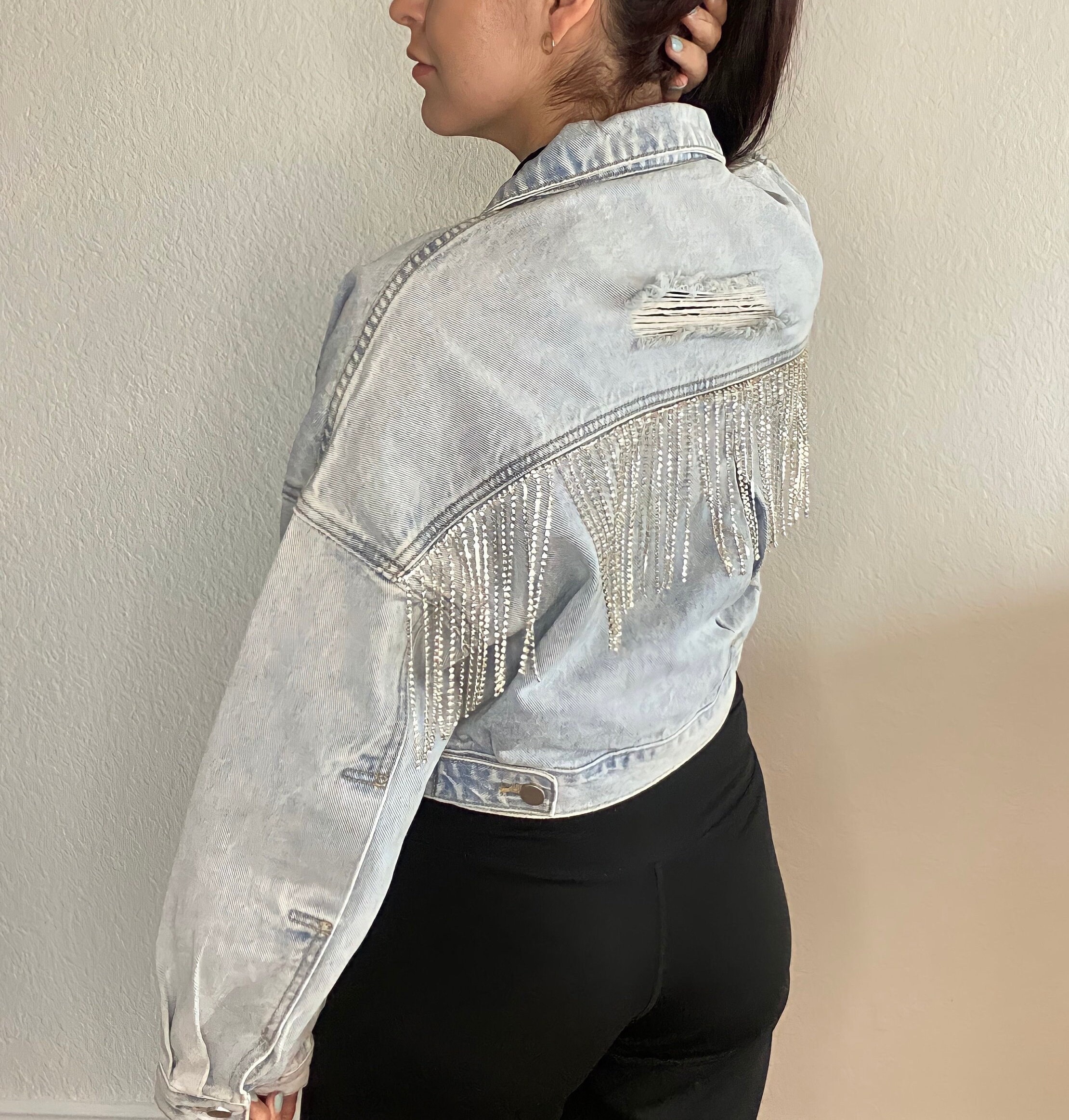 Rhinestones Fringe Jean Jacket Womens Jacket for Festivals Oversized ...