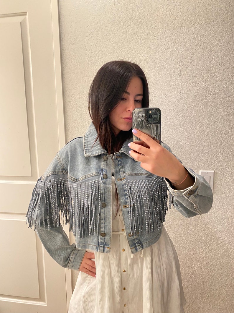 Studded Fringe Jean Jacket • Denim Jacket • Women’s Jacket • Studded ...