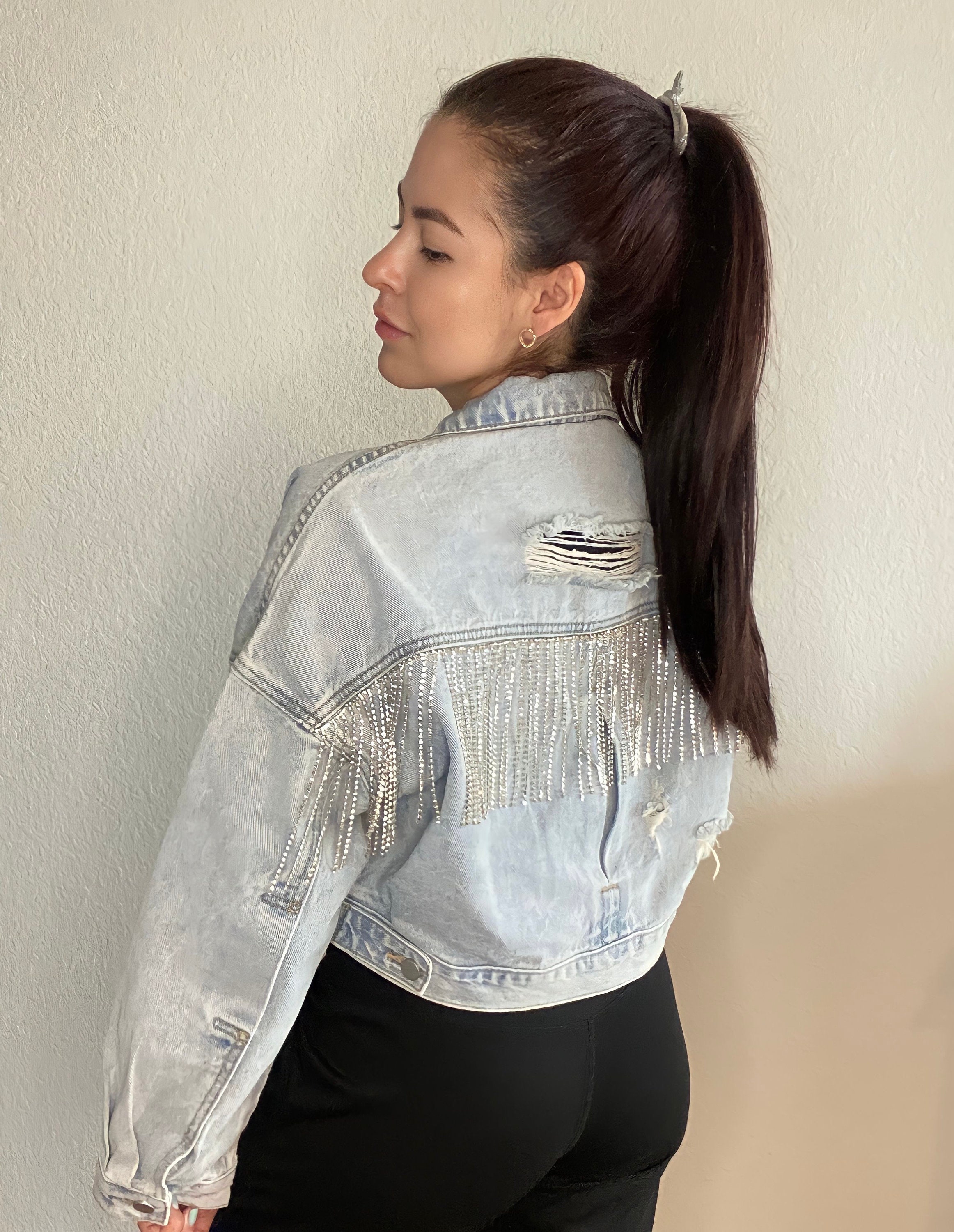 Rhinestones Fringe Jean Jacket Womens Jacket for Festivals Oversized ...