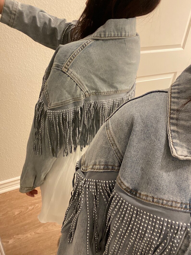 Studded Fringe Jean Jacket • Denim Jacket • Women’s Jacket • Studded ...