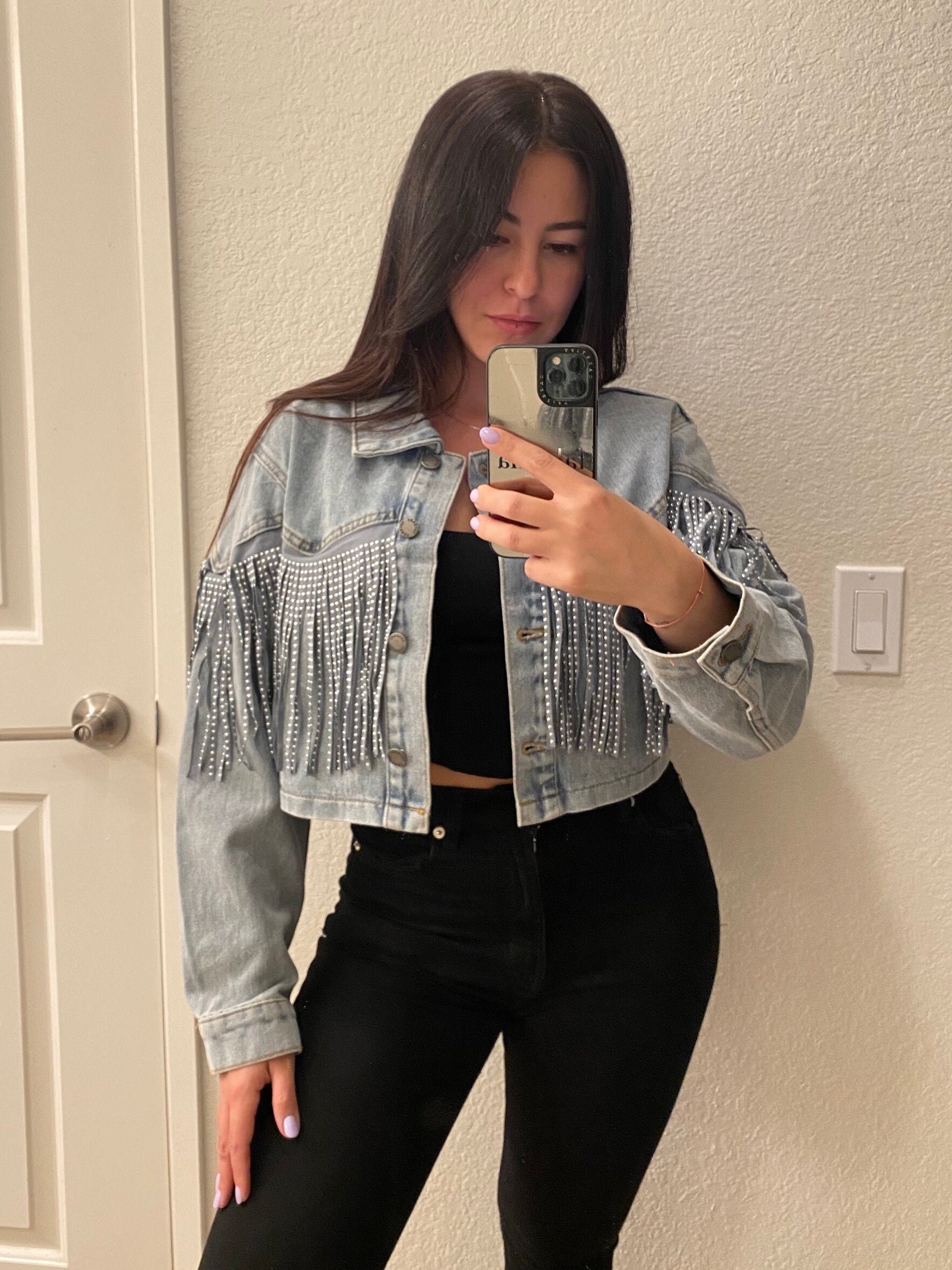 Studded Fringe Jean Jacket • Denim Jacket • Women’s Jacket • Studded ...