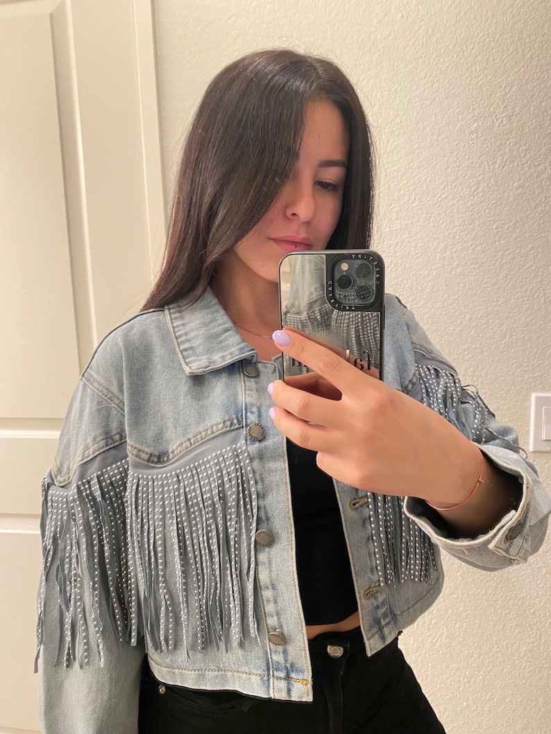 Studded Fringe Jean Jacket • Denim Jacket • Women’s Jacket • Studded ...