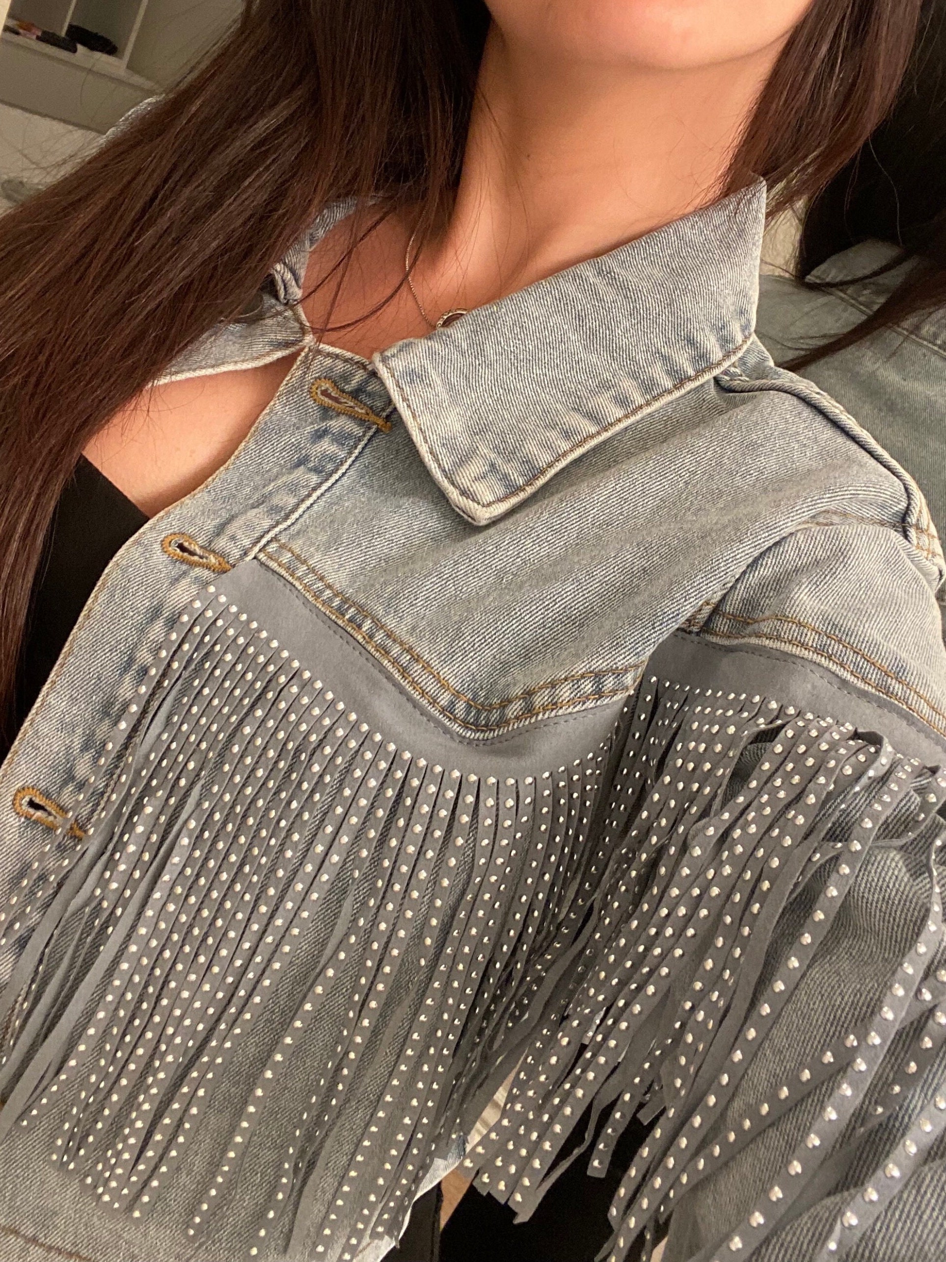 Studded Fringe Jean Jacket • Denim Jacket • Women’s Jacket • Studded ...