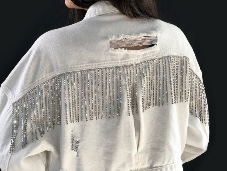 White Rhinestones Fringe Jean Jacket • Women’s Jacket • Denim Jacket ...