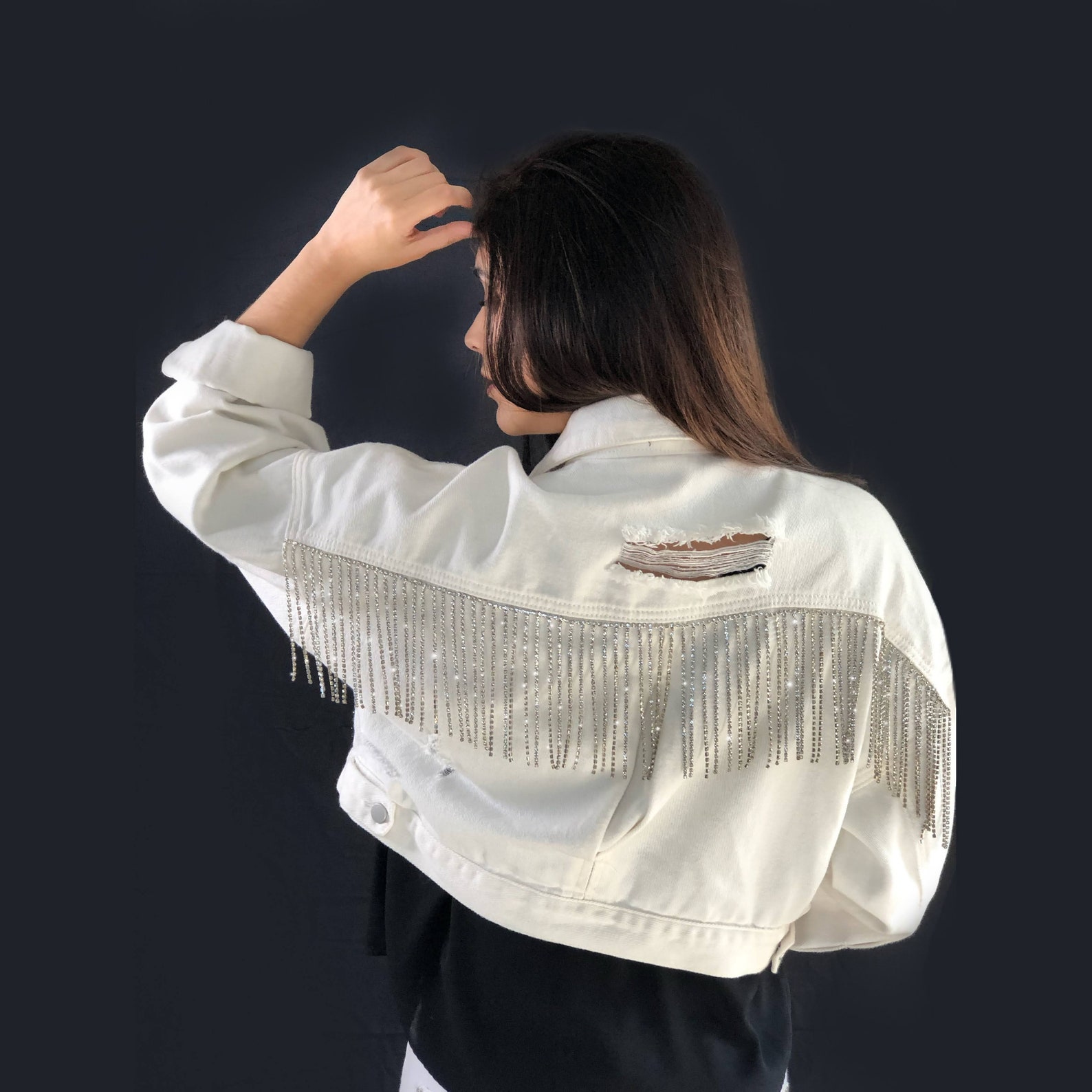 White Rhinestones Fringe Jean Jacket • Women’s Jacket • Denim Jacket ...