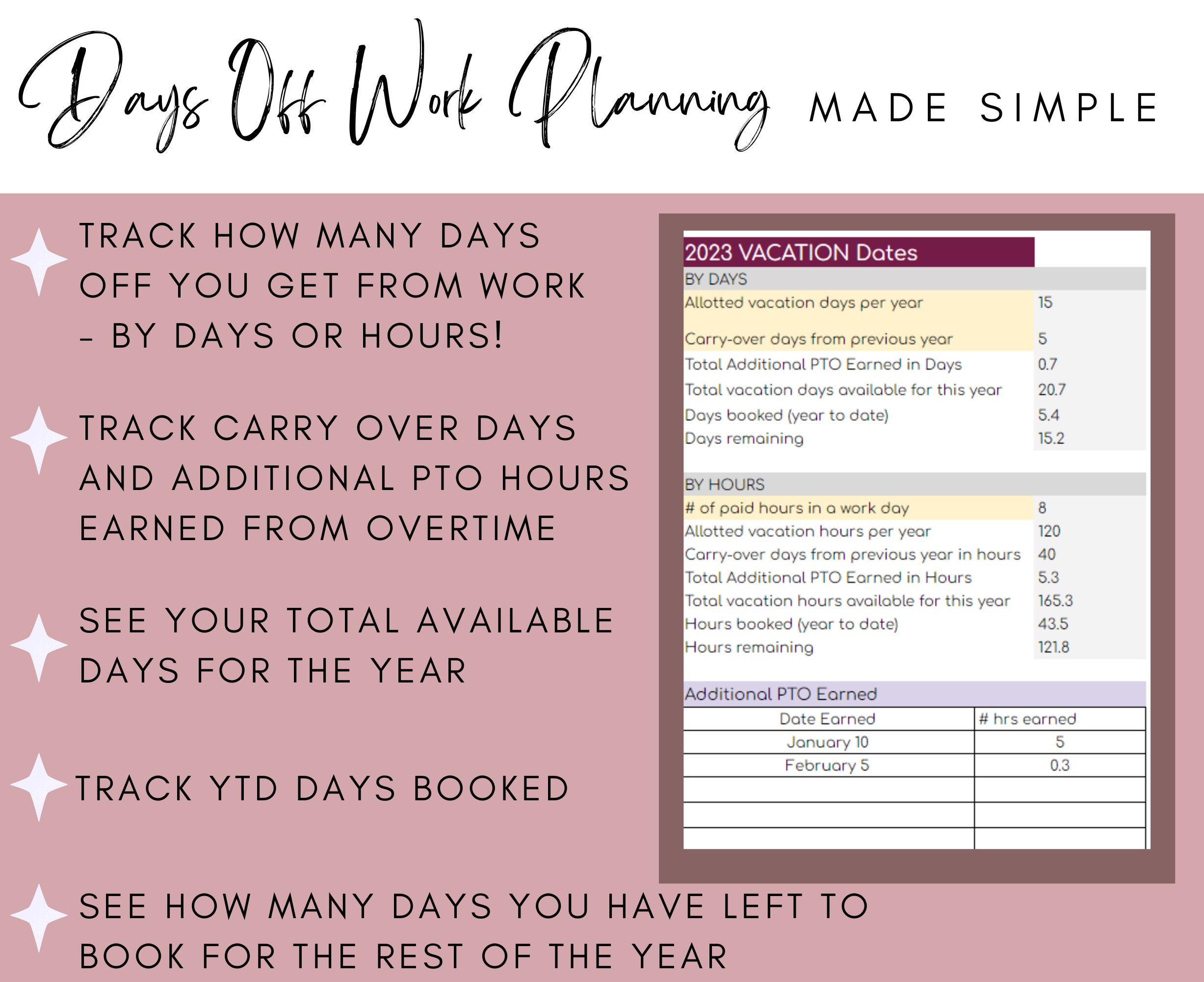 Work Vacation Days Tracker | Vacation Days Planner for Work | PTO ...