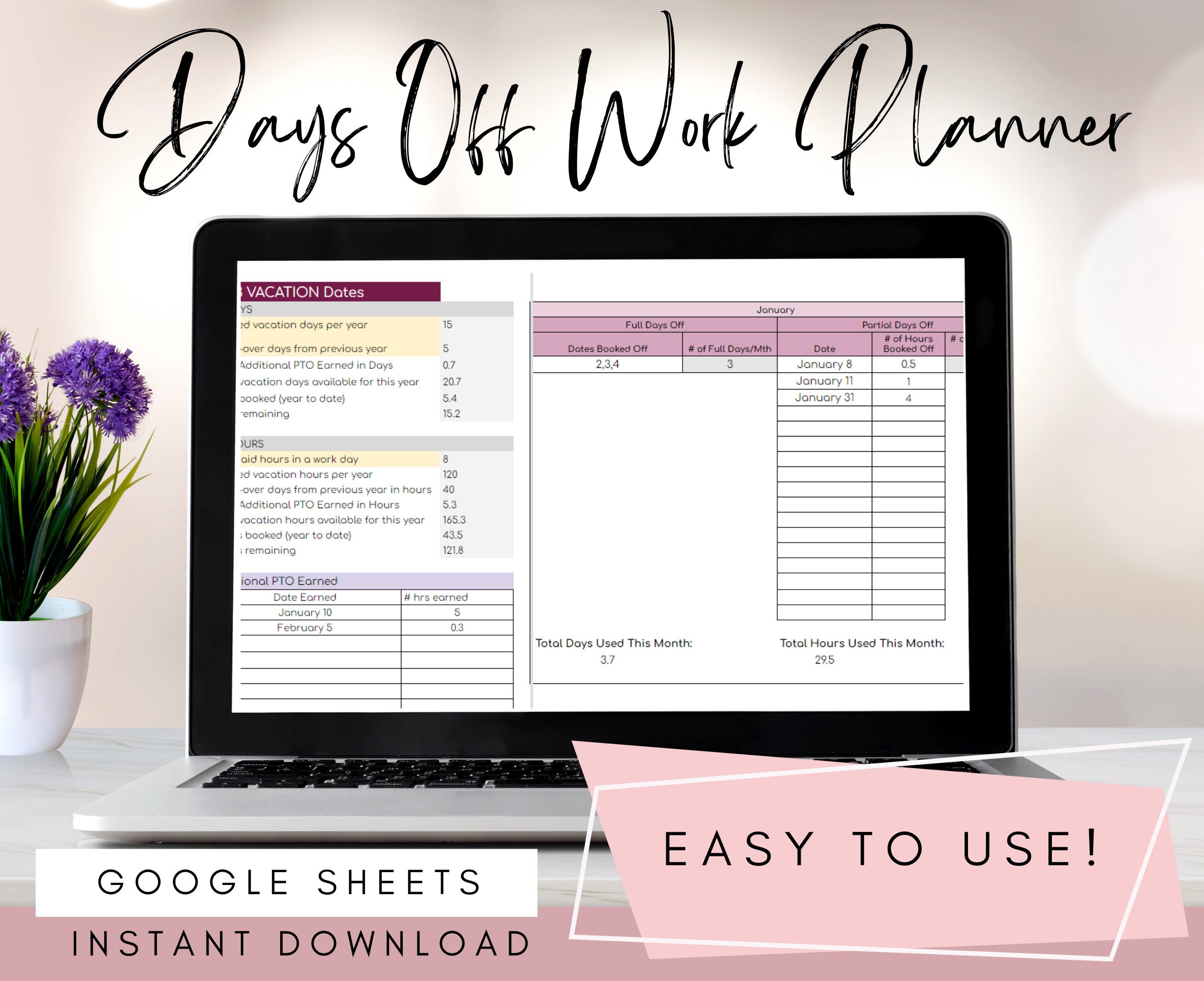 Work Vacation Days Tracker | Vacation Days Planner for Work | PTO ...