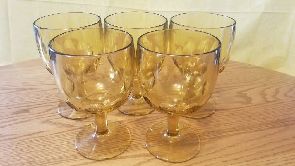 Drink & Barware Set of 5 vintage amber color glass goblets thumbprint ...