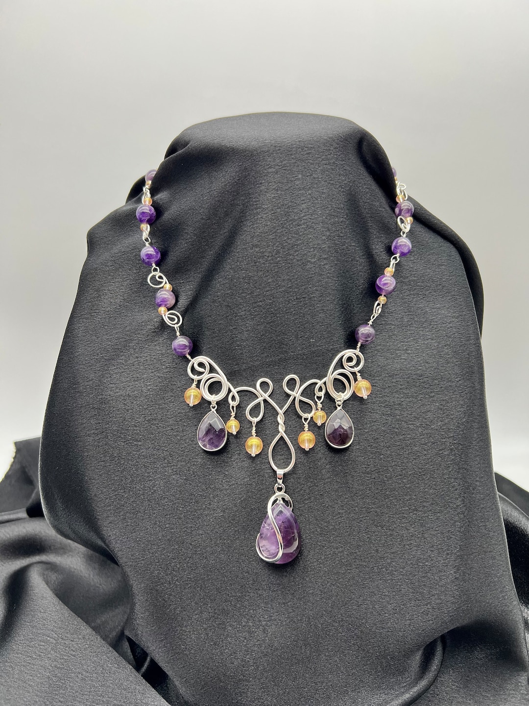 Royal Inspired Wired Necklace With Amethyst Charms and Amethyst and ...