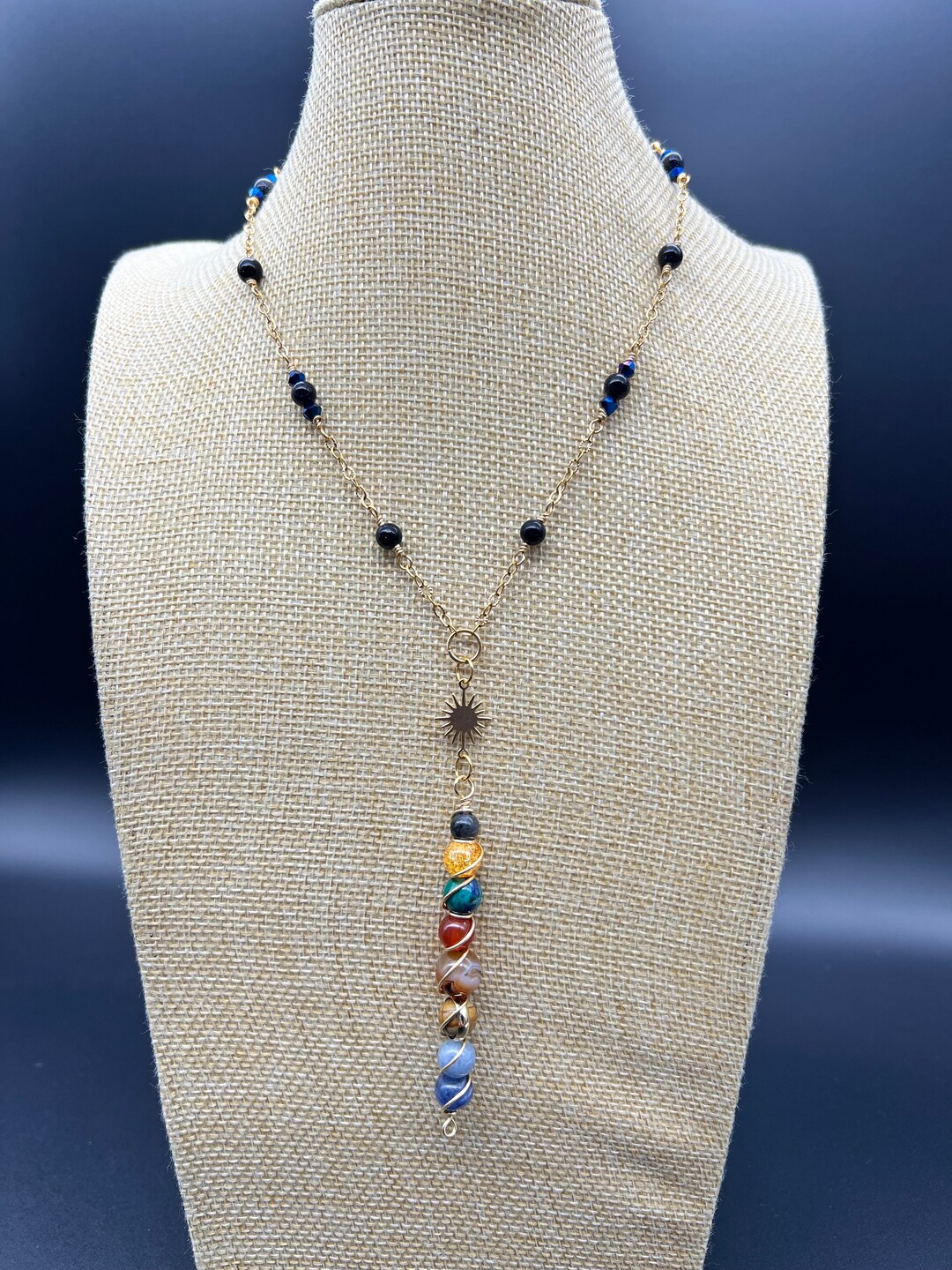 Solar System Y Necklace With Charm Made of Metal Sun Charm and Gemstone ...