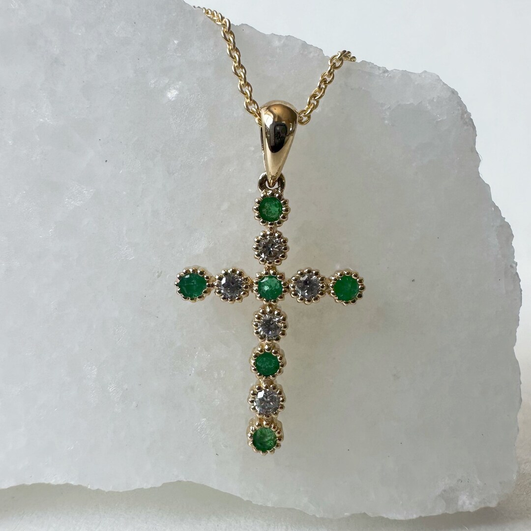 14K Solid Gold Genuine Emerald and Diamond Bezel Cross Pendant - Etsy